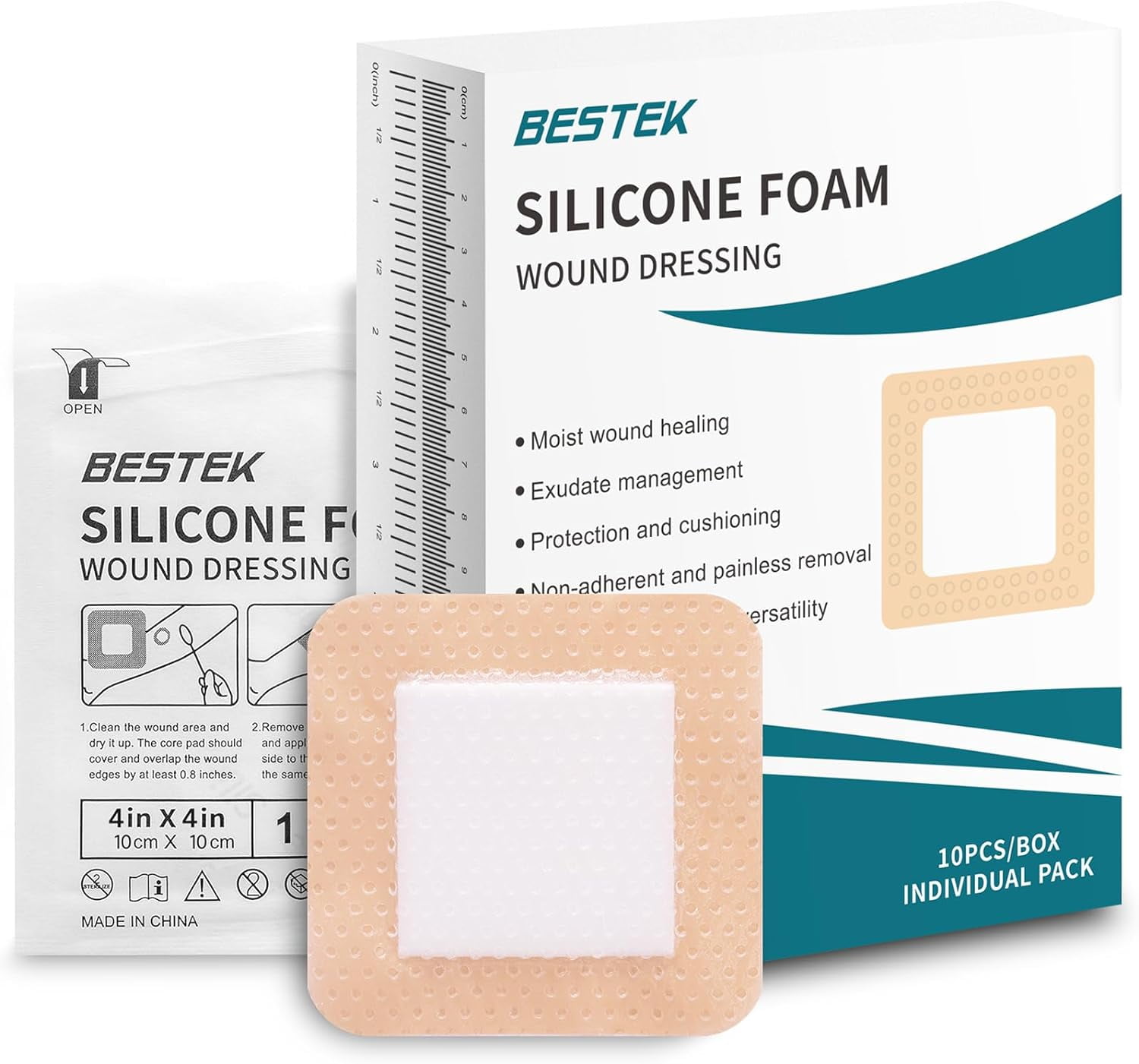 BESTEK Silicone Foam Dressing with Border Adhesive, Waterproof Wound ...