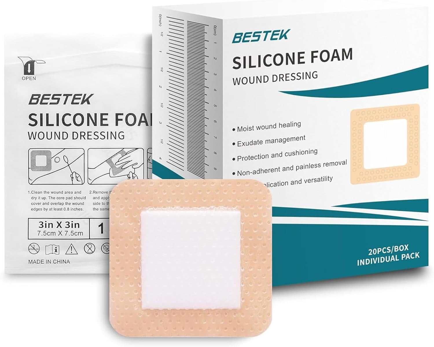 BESTEK Silicone Foam Dressing with Border Adhesive, Waterproof Wound ...