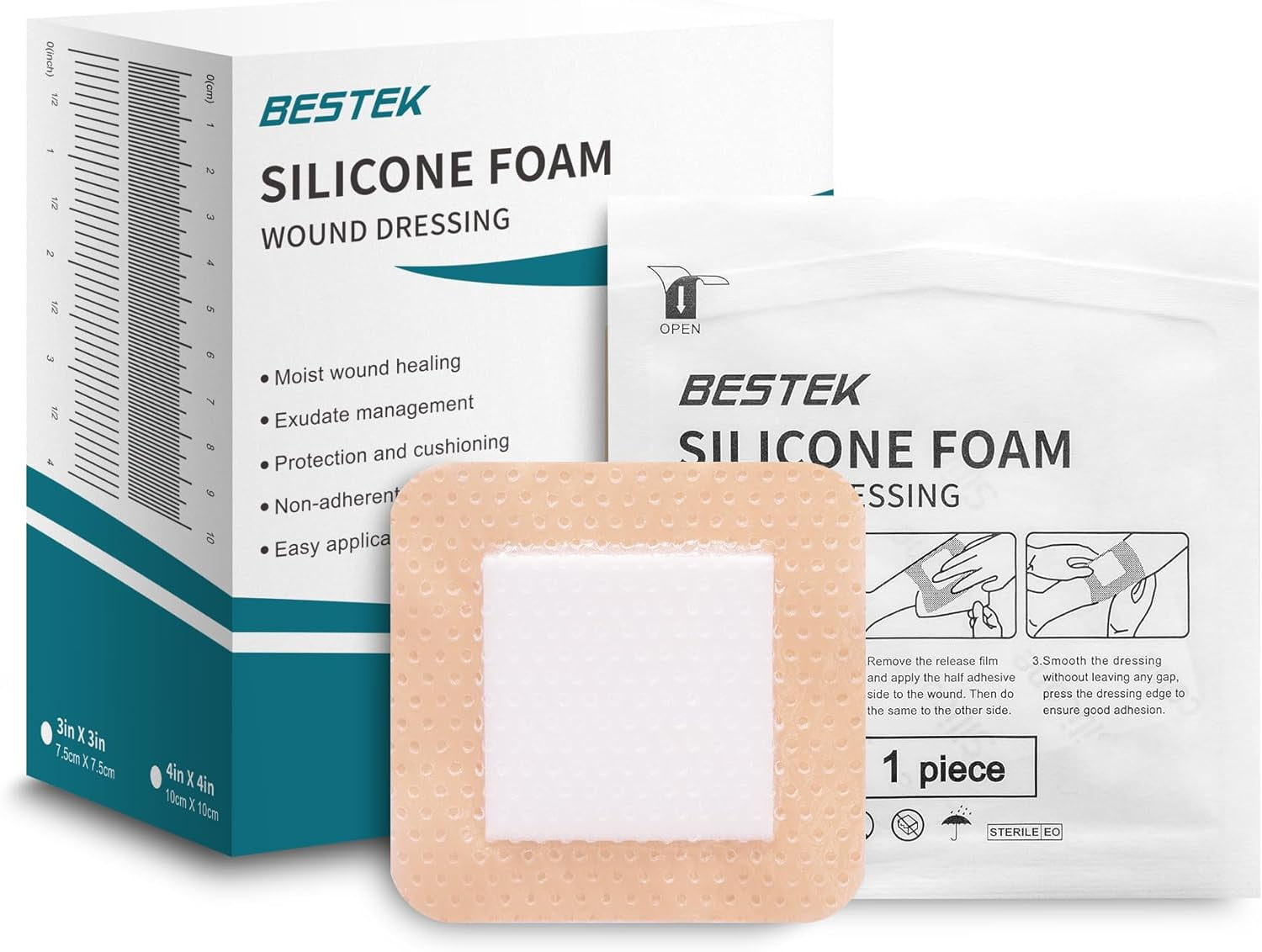 BESTEK Silicone Foam Dressing with Border Adhesive, Waterproof Wound ...
