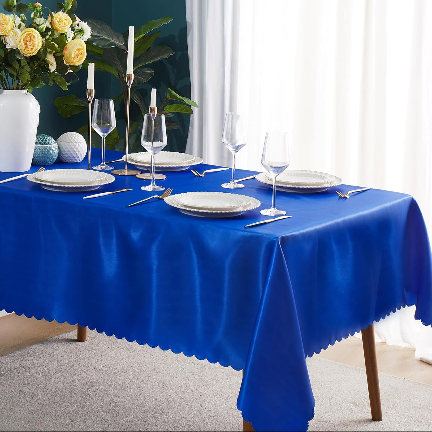 BESTKITTY 1 Pa Blue Satin Tablecloth 58" x 102" Rectangle Bright Silky ...