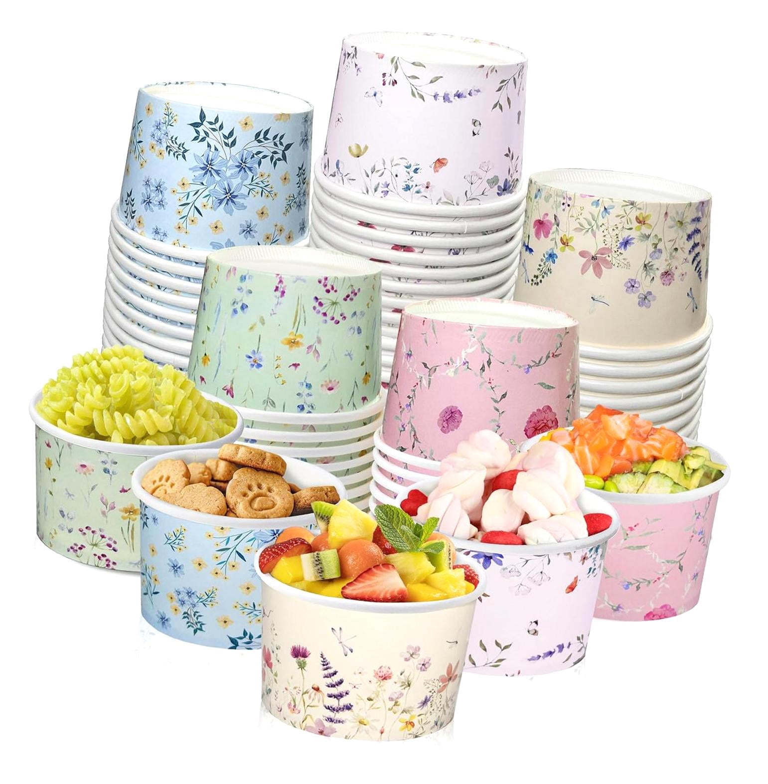 BESTKITTY 100 Pcs 9 oz Floral Themed Dessert Paper Bowls in 5 Designs ...