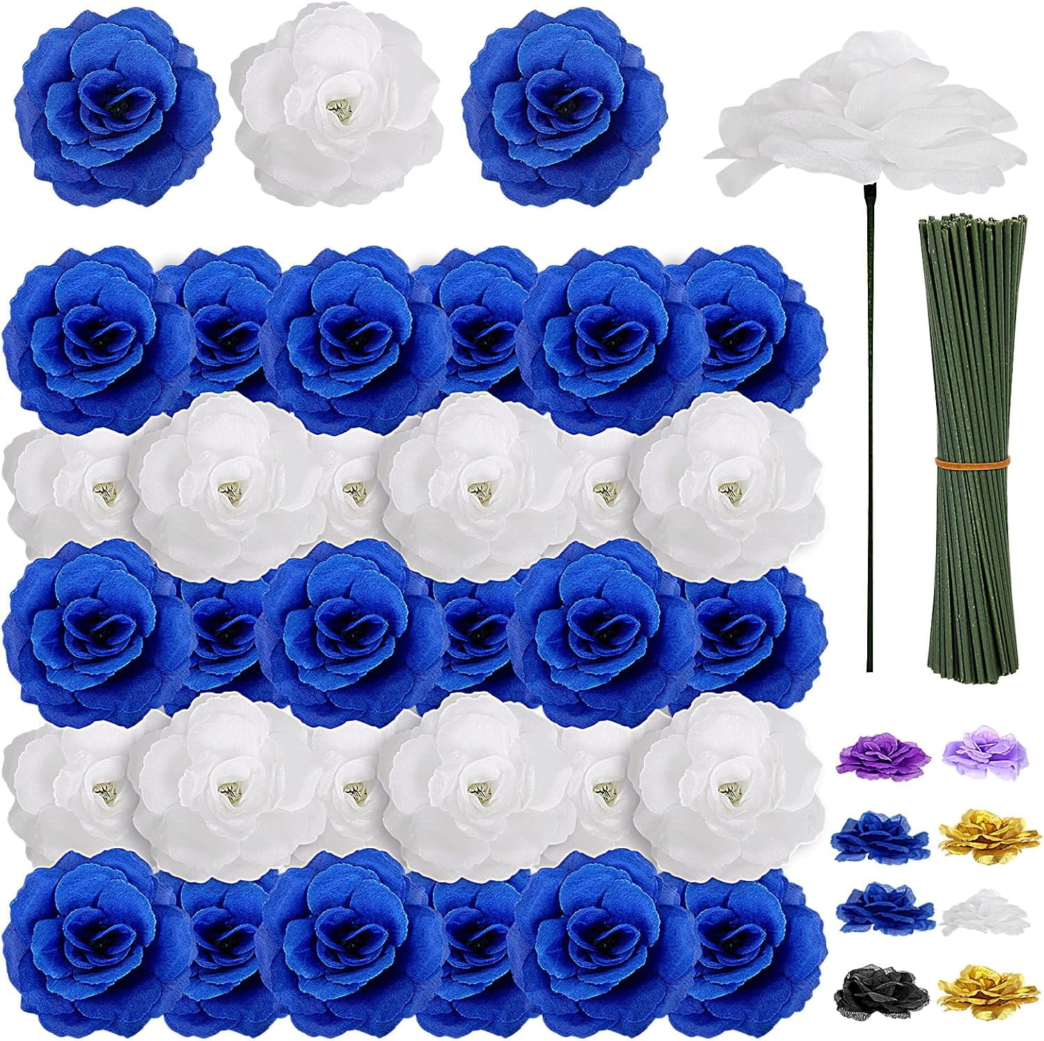 BESTKITTY 108pcs Roses Head Flowers with Stem - Blue & White Arti Rose ...