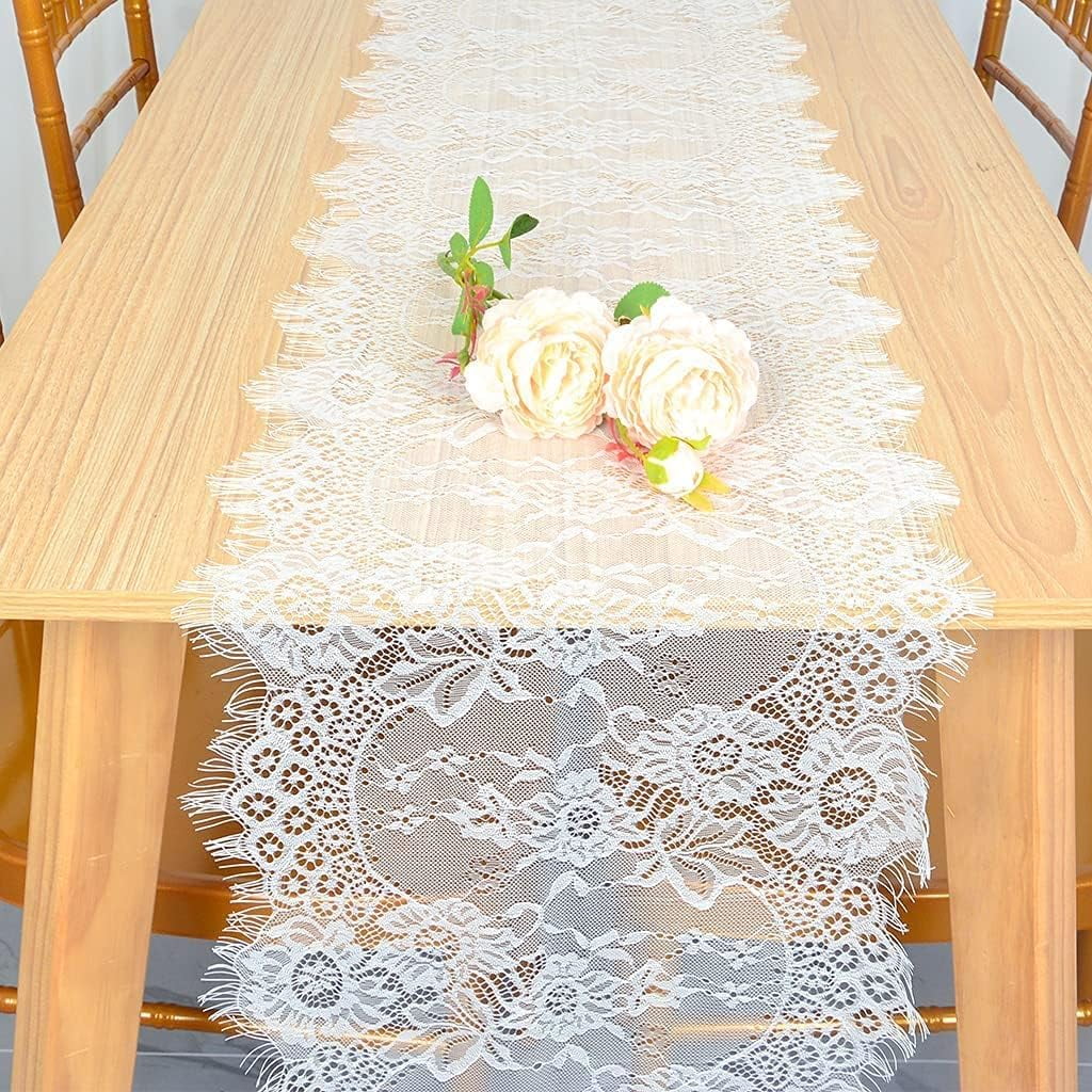 BESTKITTY 2-Pa 14x120-In Lace Table Runner, White Floral Design for Rust Boho Wedding, Bridal Sr ...