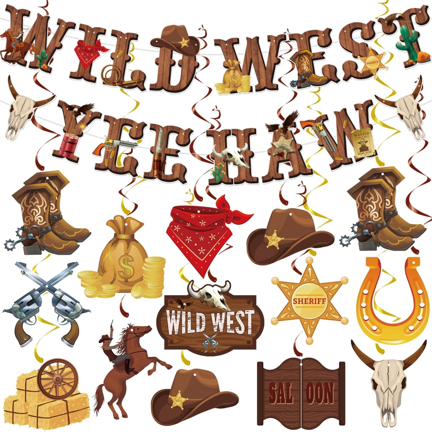BESTKITTY 26 Pieces Western Party Decorations West Banners Hanging Swirls Wild West Banners Yee ...