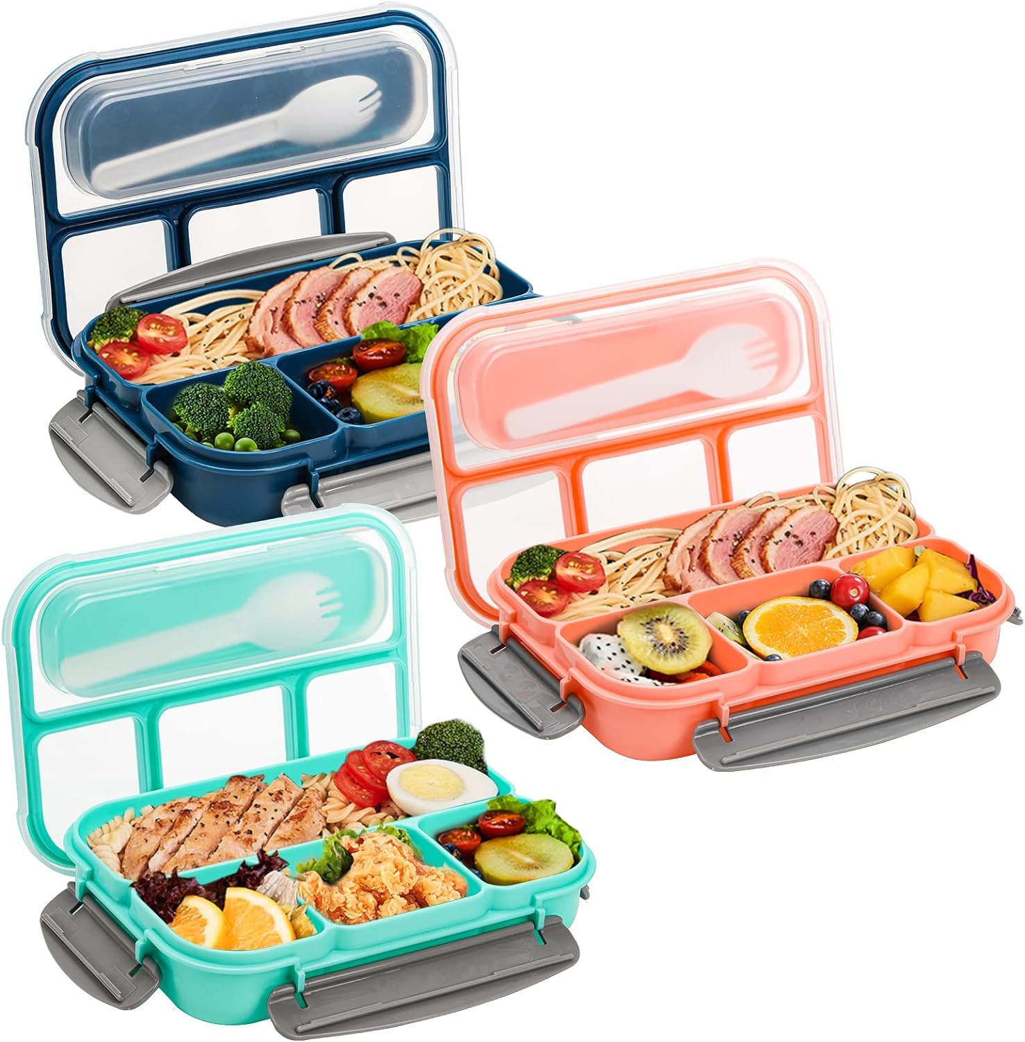 BESTKITTY 3 Pa Bento Lun Boxes with Spoon and 4 Compartment, Plast Meal ...
