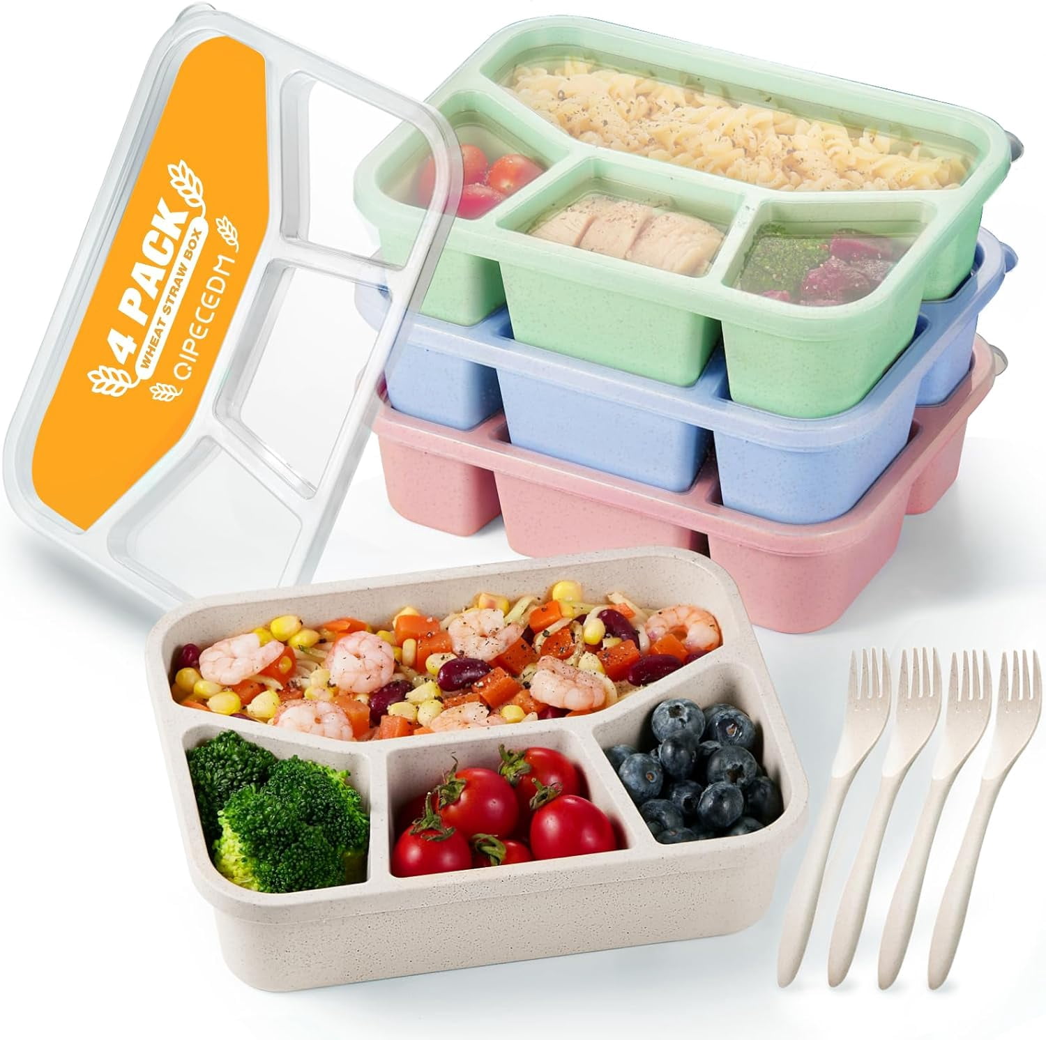 BESTKITTY 4 Pa Bento Lun Box, 4 Compartment Wheat Straw Meal Prep ...