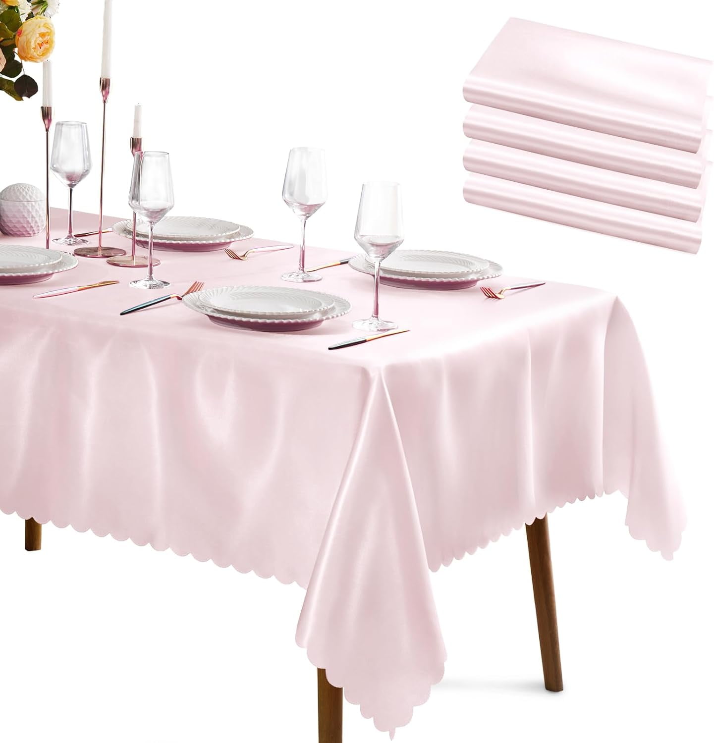 BESTKITTY 4 Pas Pink Satin Tablecloth 58" x 102" Rectangle Bright Silky ...
