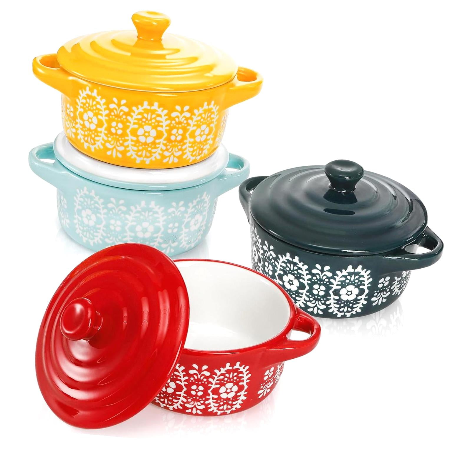 BESTKITTY 4-Piece Porcelain Ramekins with Lids, 7 OZ Mini Casserole Set with Handles, Round ...