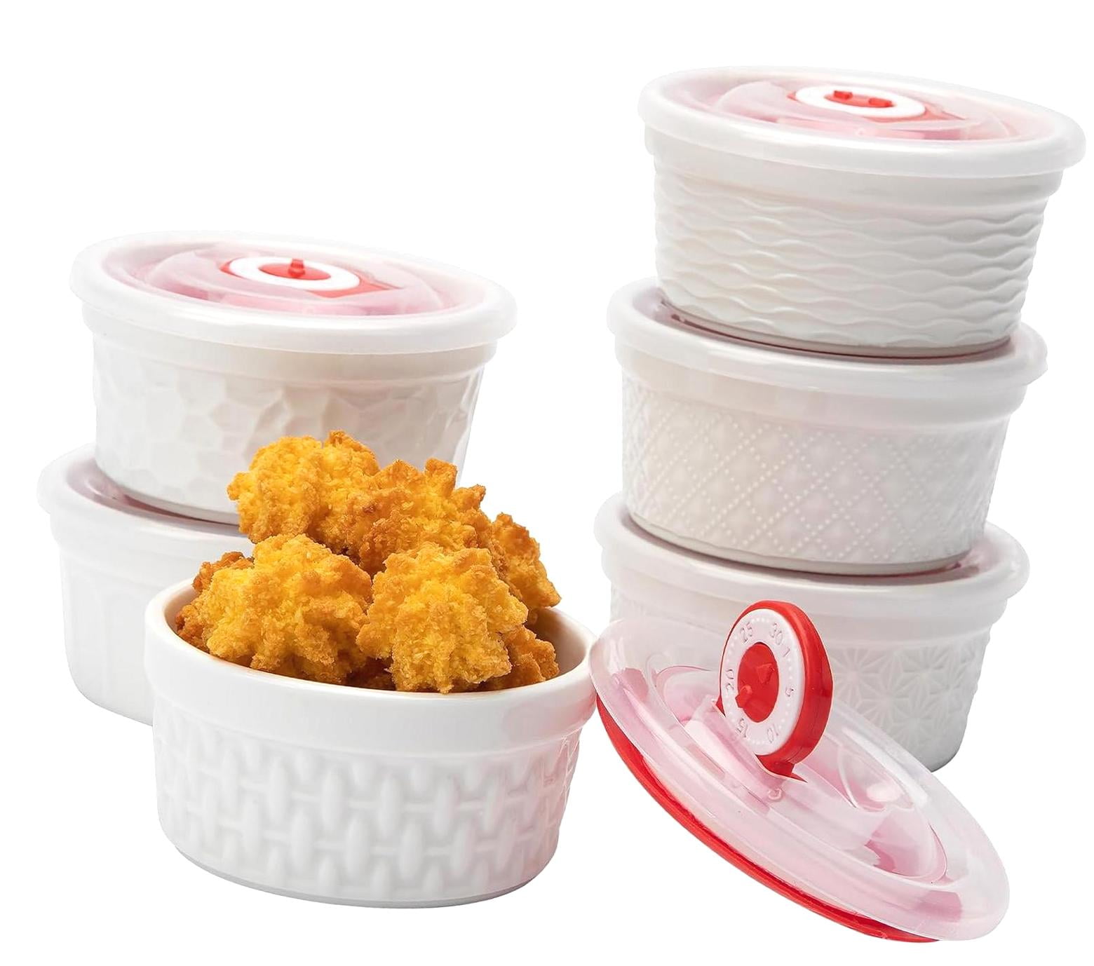 BESTKITTY 4 oz White Embossed Ceramic Ramekins with Lids, Oven Safe ...