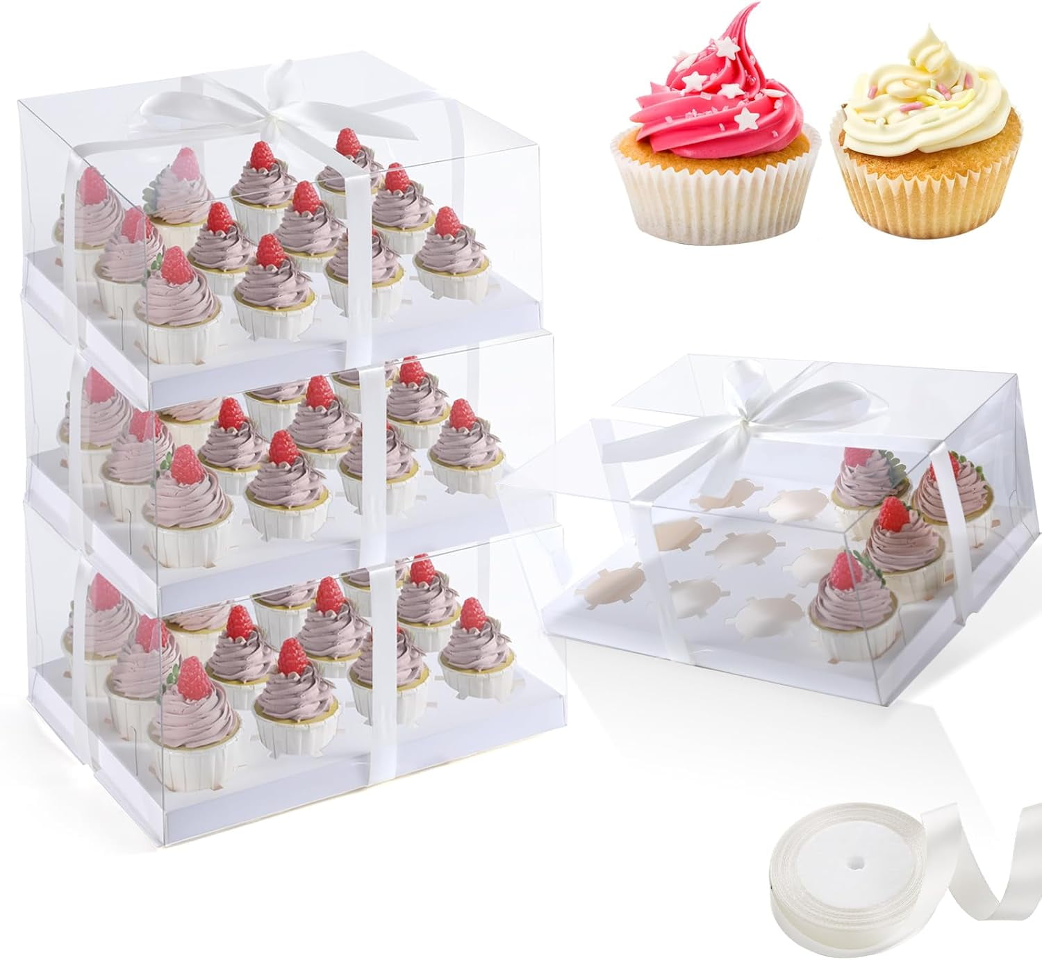 BESTKITTY 5.5ines height 4 Sets x 12 Counts Cupcake Containers Clear ...