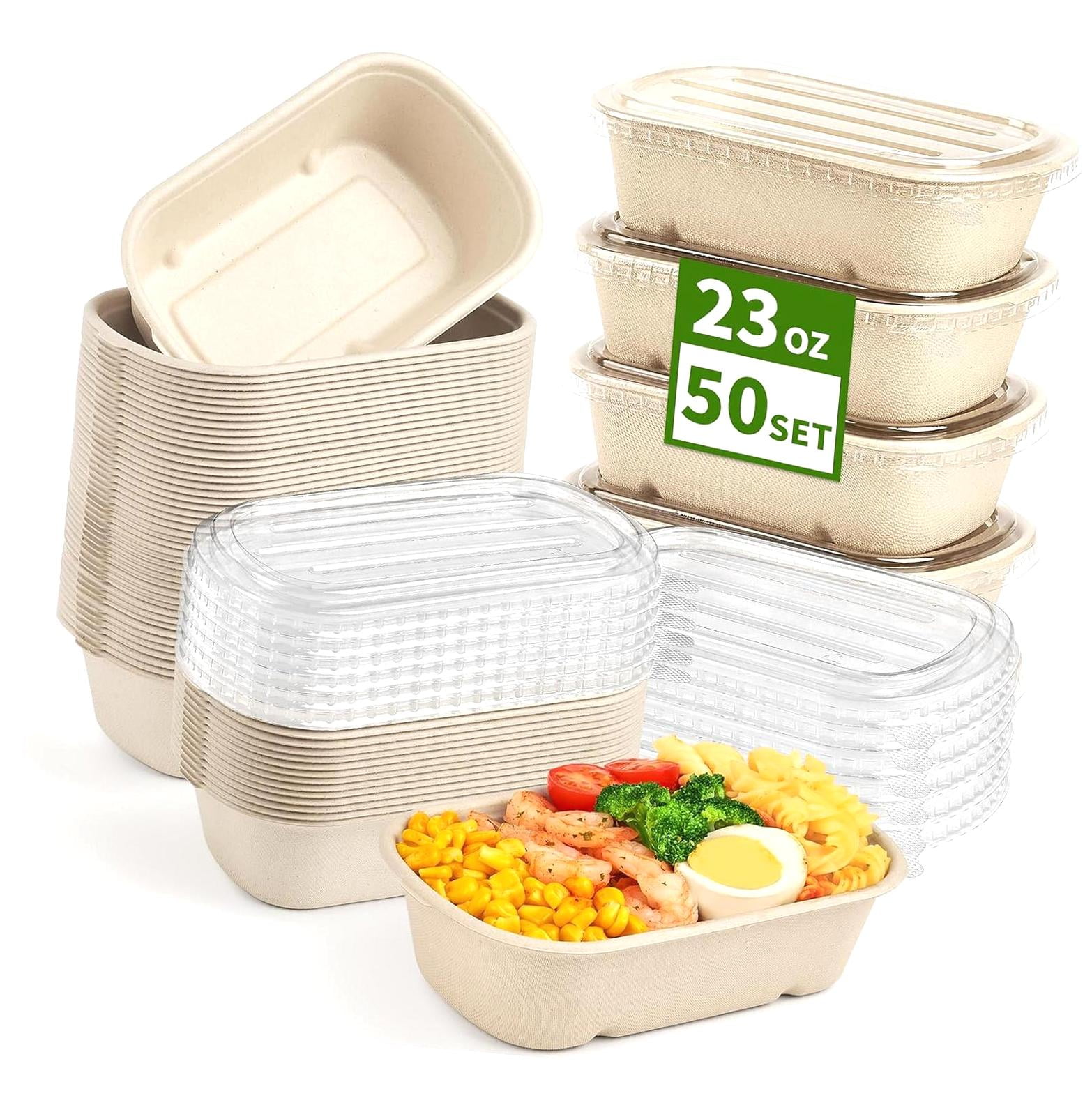 BESTKITTY 50 Pack 32 oz Meal Prep Containers with , Large Deep Sugarcane Fiber Paper Bowls Take ...