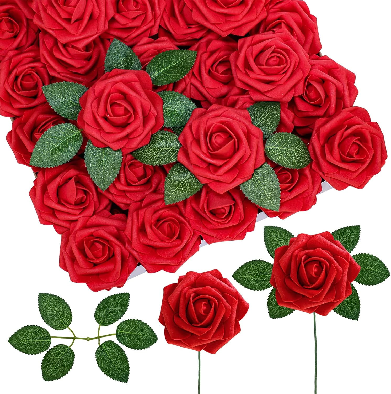 BESTKITTY 50 pcs Real Tou Red Roses with Stems & Silk Leaves - Bulk ...
