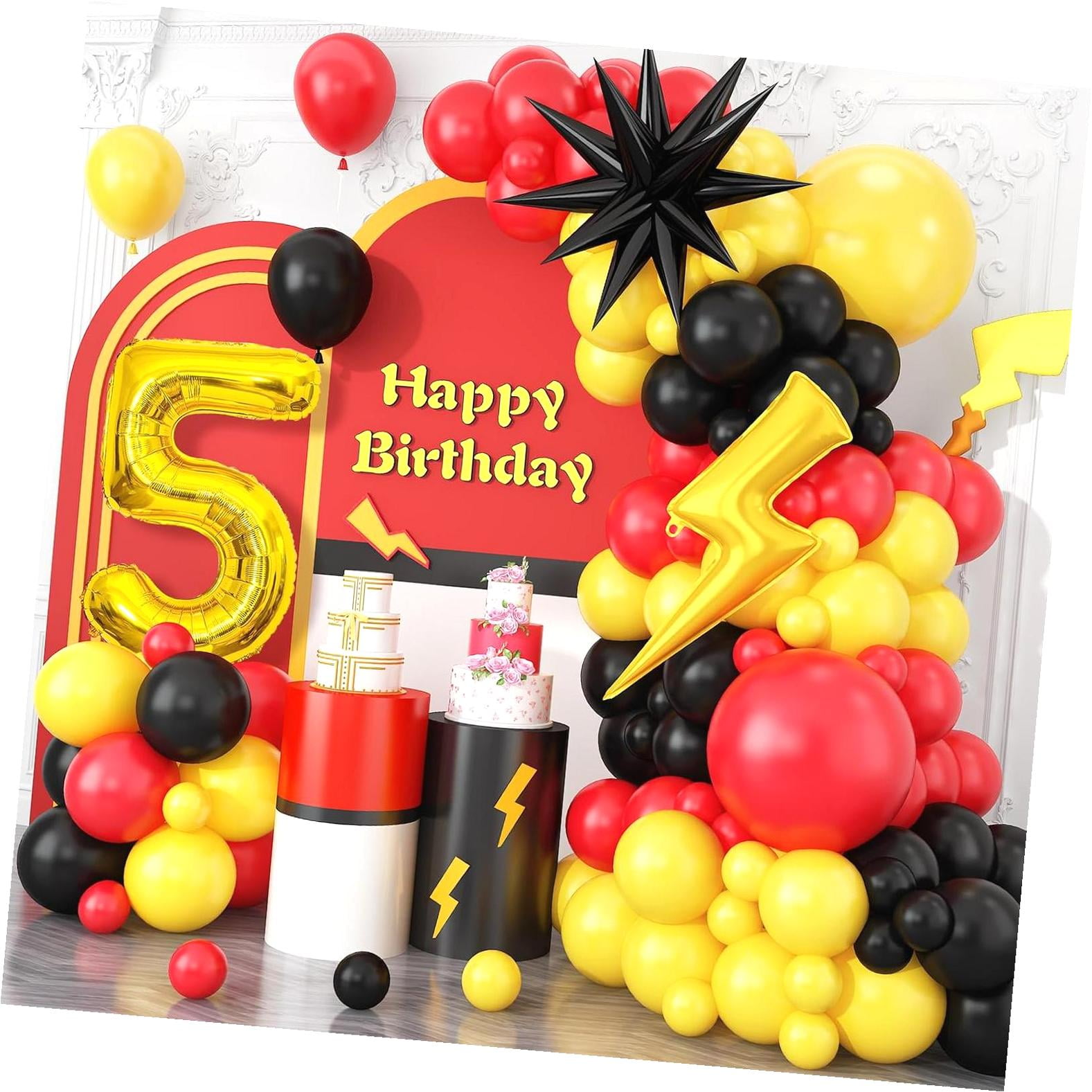 BESTKITTY 5th Birthday Red Black Yellow Balloons Arch Kit, 5th Cartoon ...