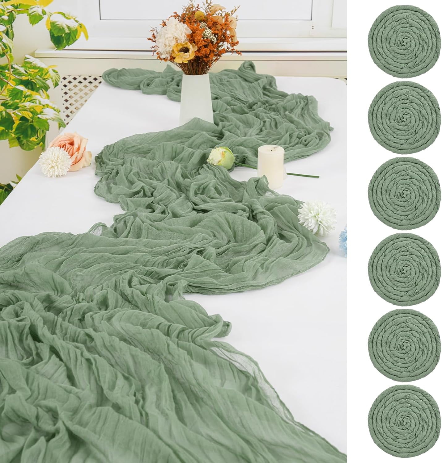 BESTKITTY 6 Pa Sage Green eesecloth Table Runner,10FT Gauze Boho Long ...