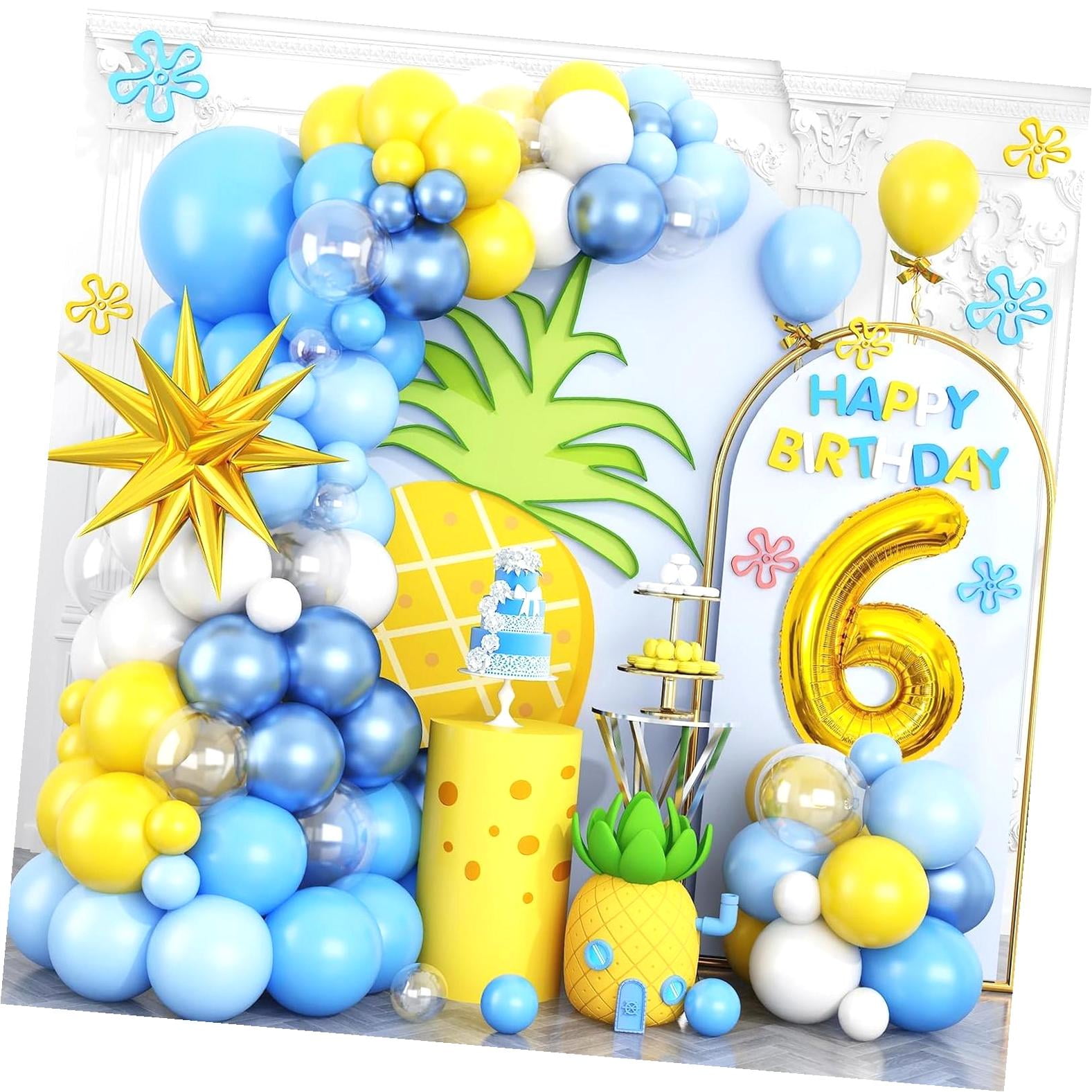BESTKITTY 6th Birthday Sponge Theme Balloon Arch, Blue Yellow White ...