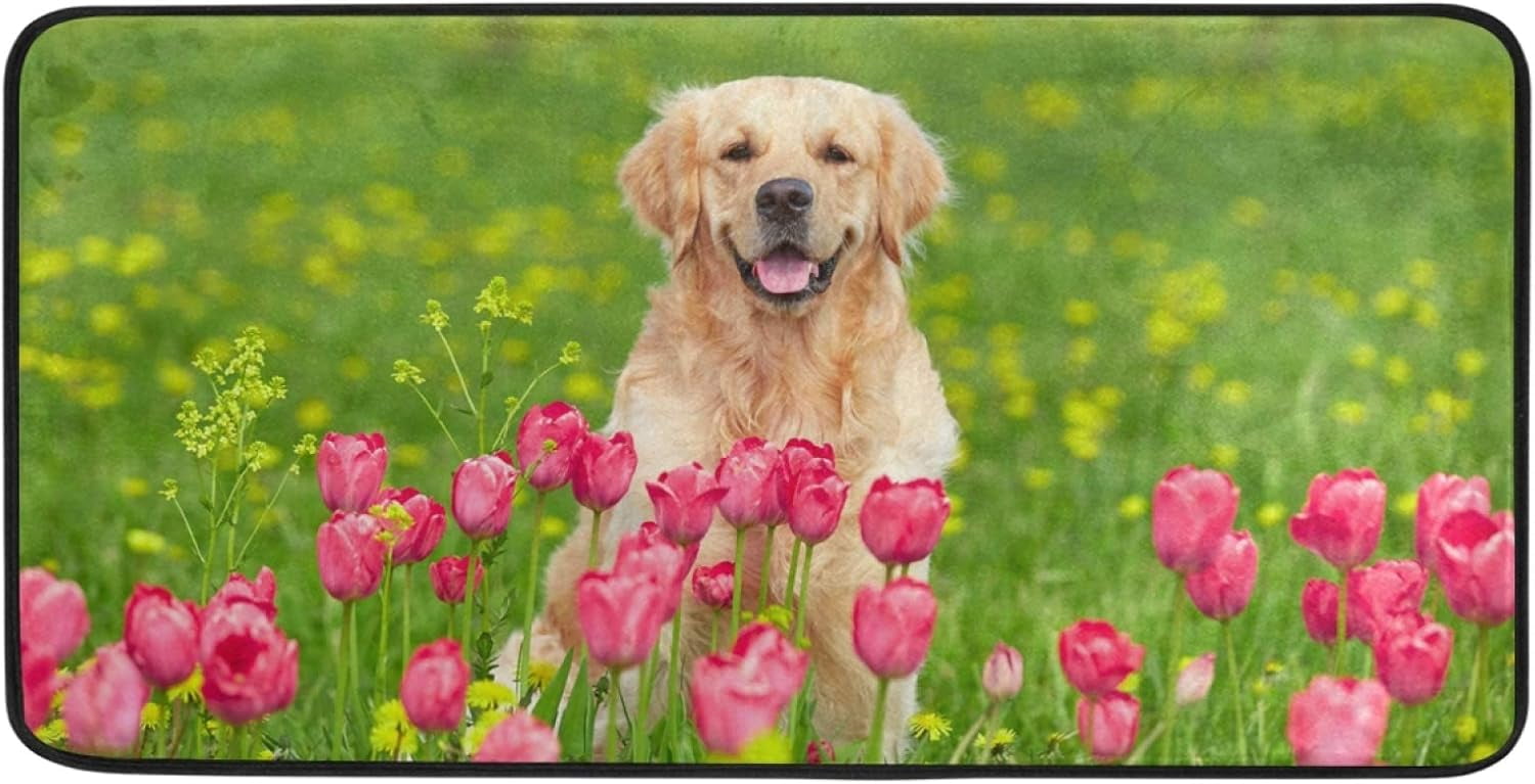 BESTKITTY A Golden Retriever Dog Sits in Tulip Field Kitchen Rugs 39 X ...
