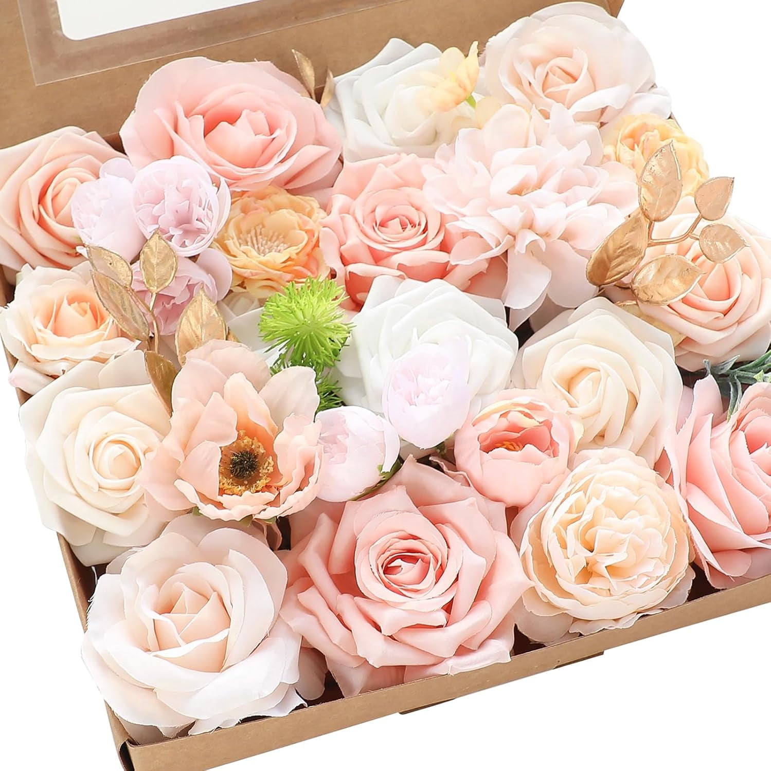 BESTKITTY B Pea Pink Arti Fake Roses Peonies and Greenery Combo Box Set for DIY Wedding Bouquets ...