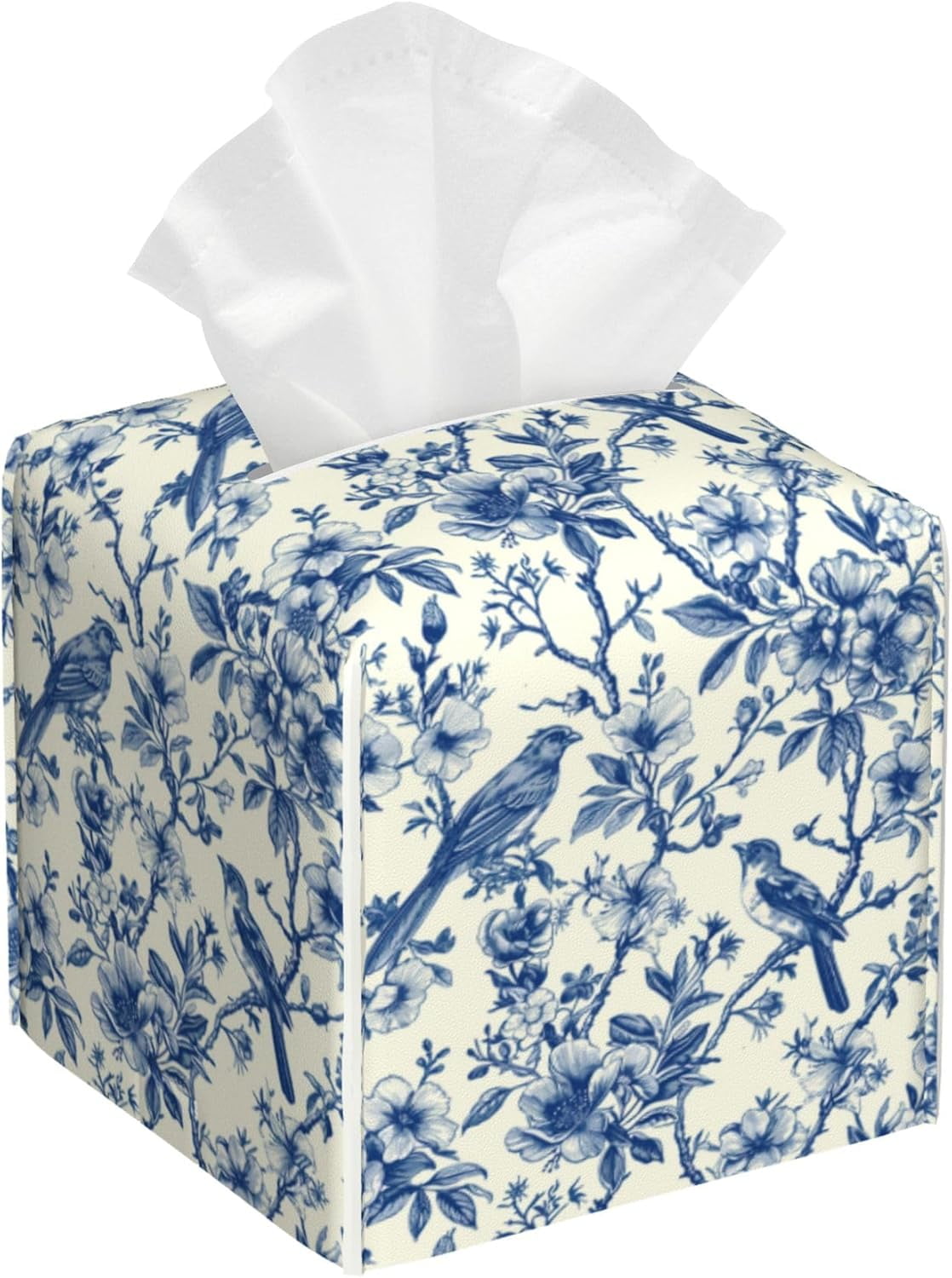 BESTKITTY Bird on Blooming Branes Tissue Box Cover Square, Blue Flower Tissue Box Holder with Bm ...