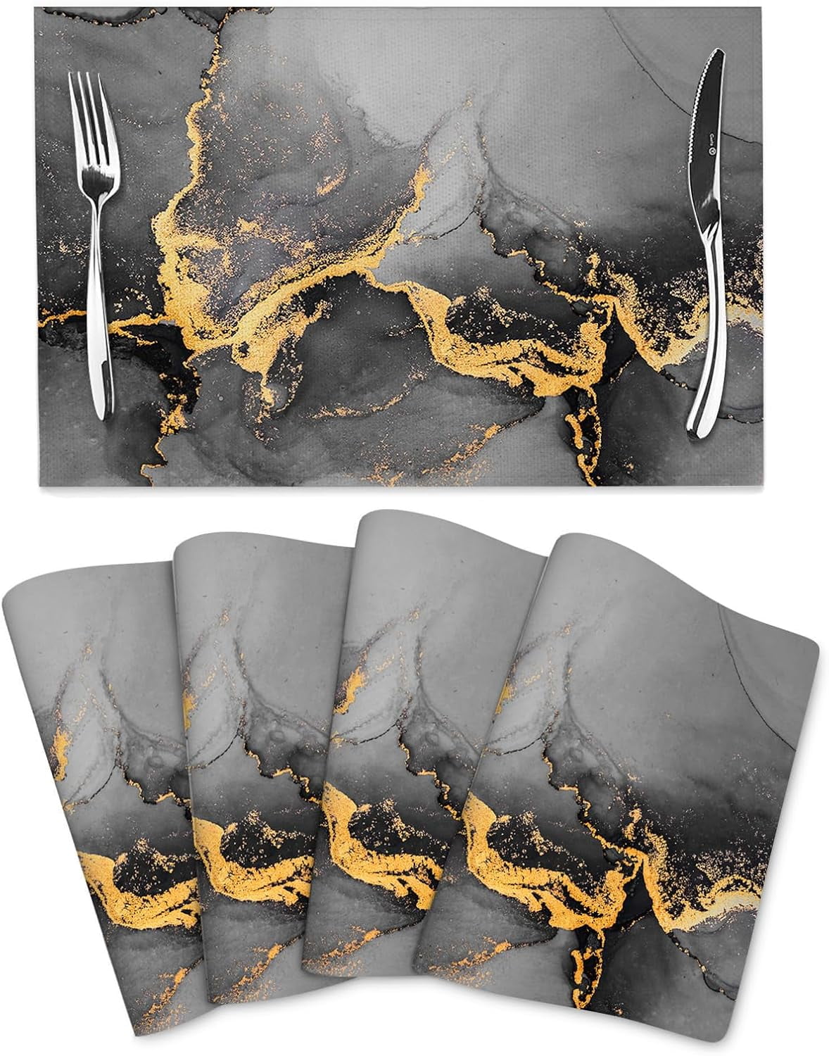 BESTKITTY Bla Gray Gold Plaats Set of 4 Linen Decorative Table Mat for ...