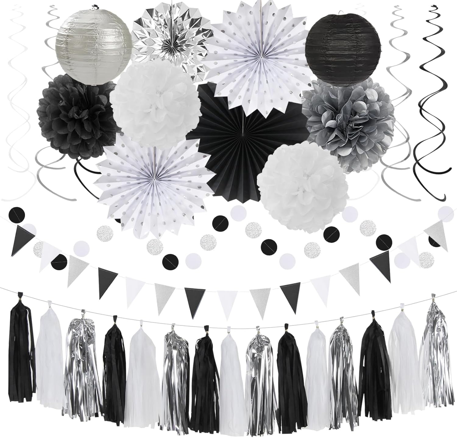 BESTKITTY Bla White-Silver Party-Decorations - 33pcs Kits Banner ...