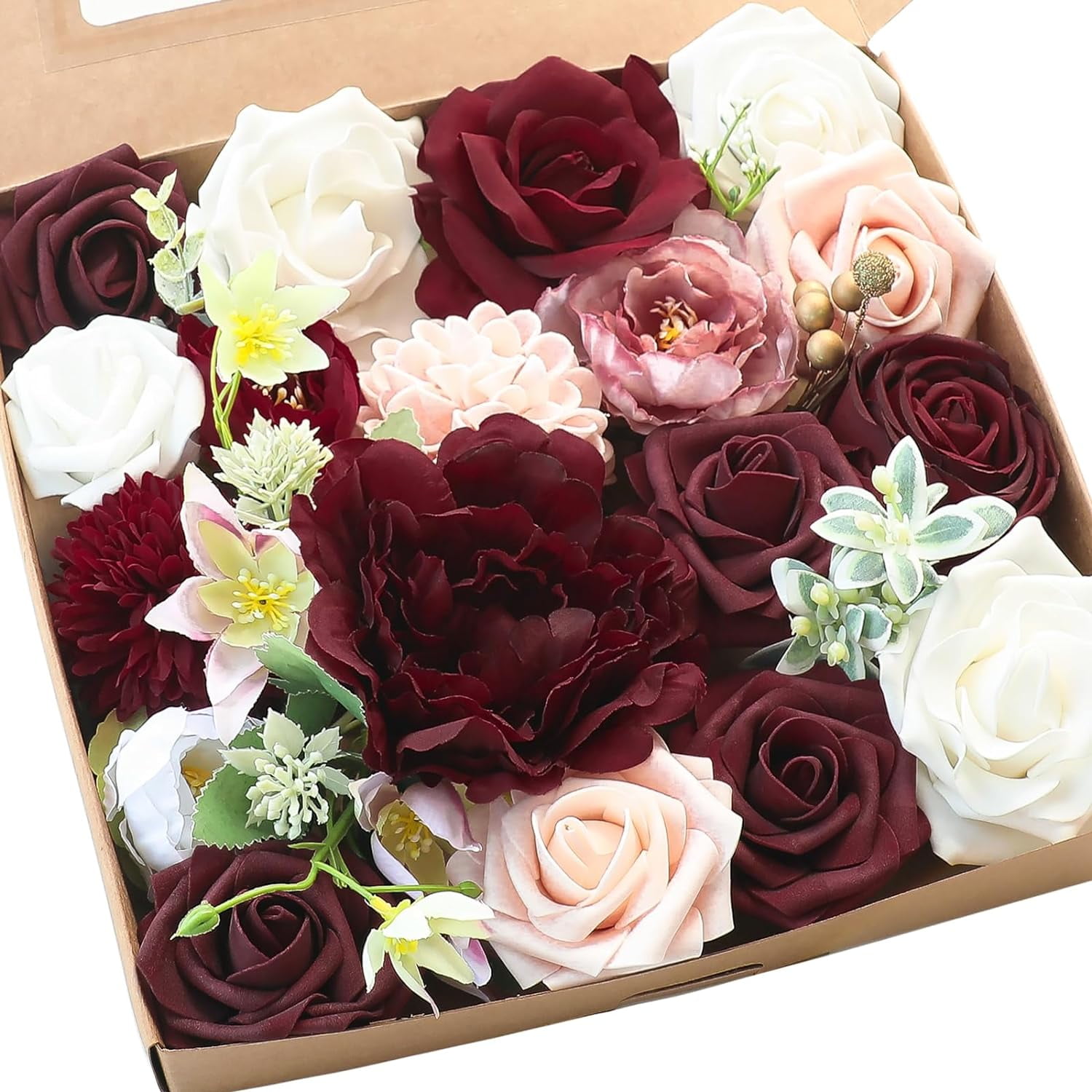 BESTKITTY Bury Arti ala Fake Roses Peonies Dahlia Greenery Combo Box ...