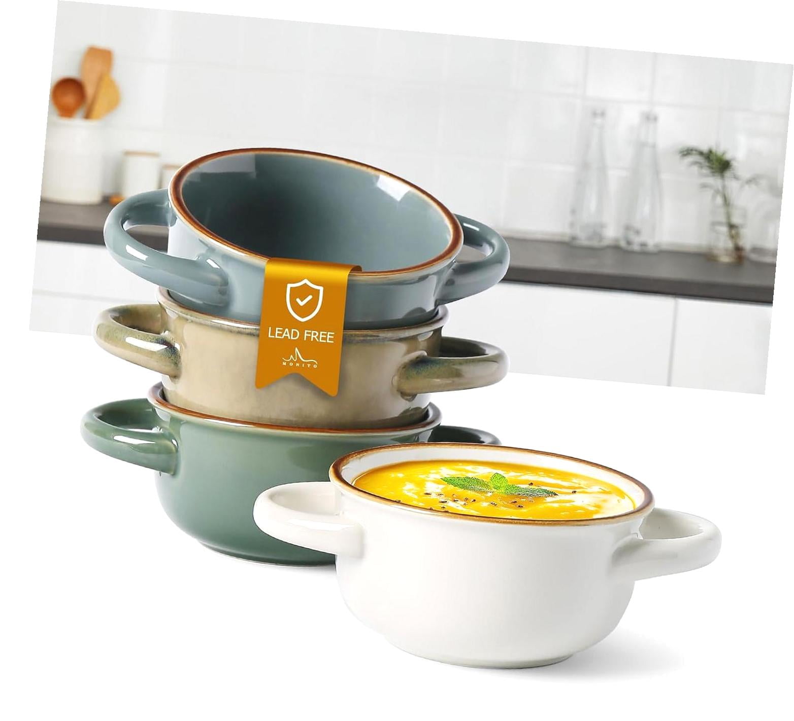 BESTKITTY Ceramic Salad Bowl with Handles, 28 oz French Onion Soup Bowls, Ideal for Cereal ...
