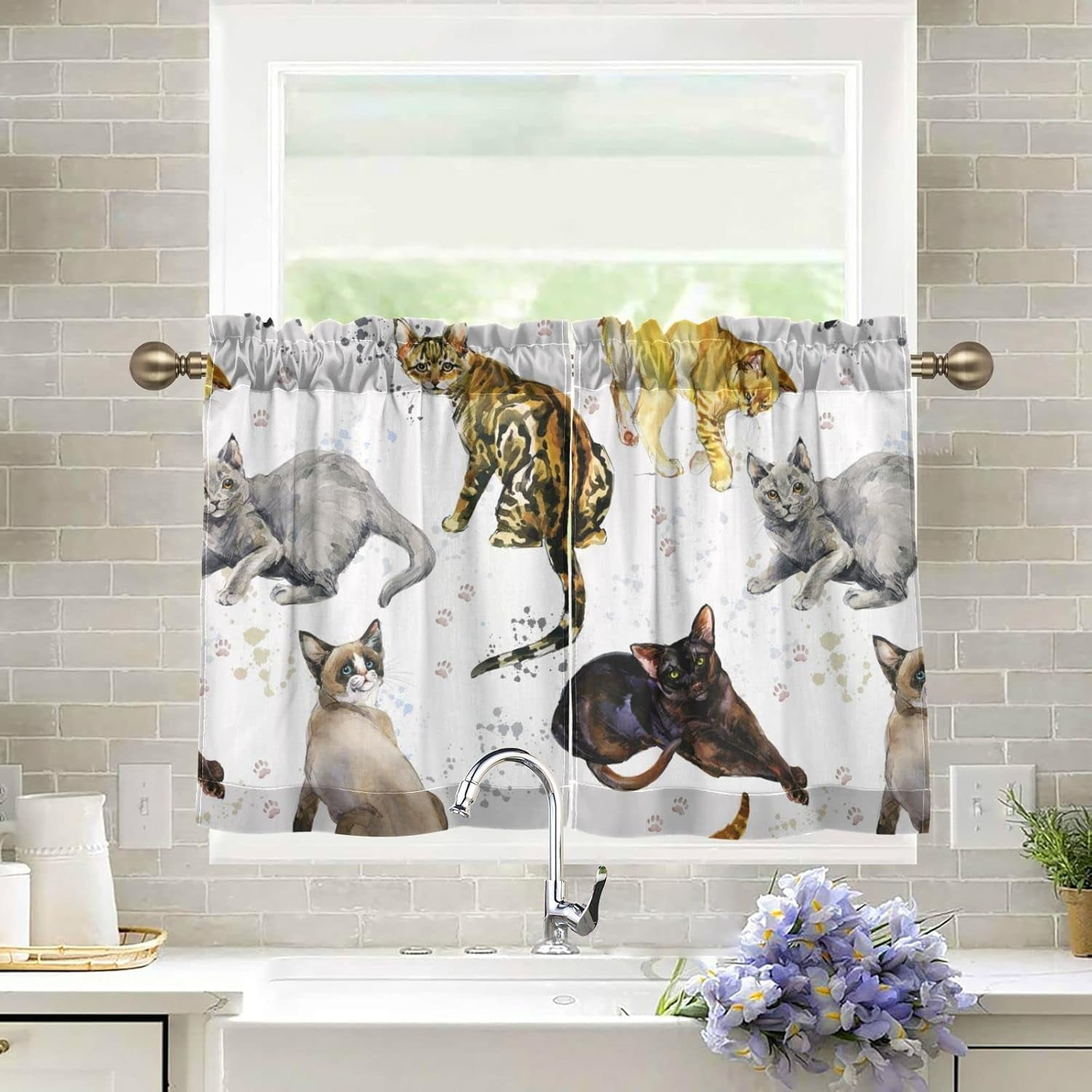 BESTKITTY Cute Watercolor Cats Tier Curtains, Window Kitchen Curtains ...