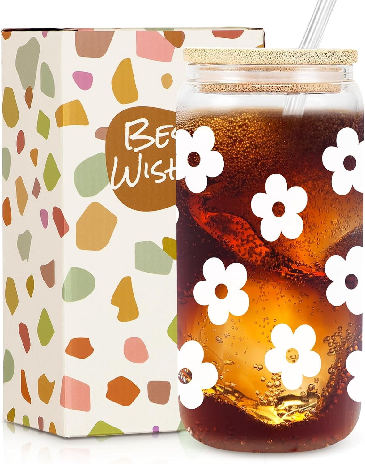 BESTKITTY Daisy Glass Cup with Lid & Straw, Cute Daisy Gifts for ...