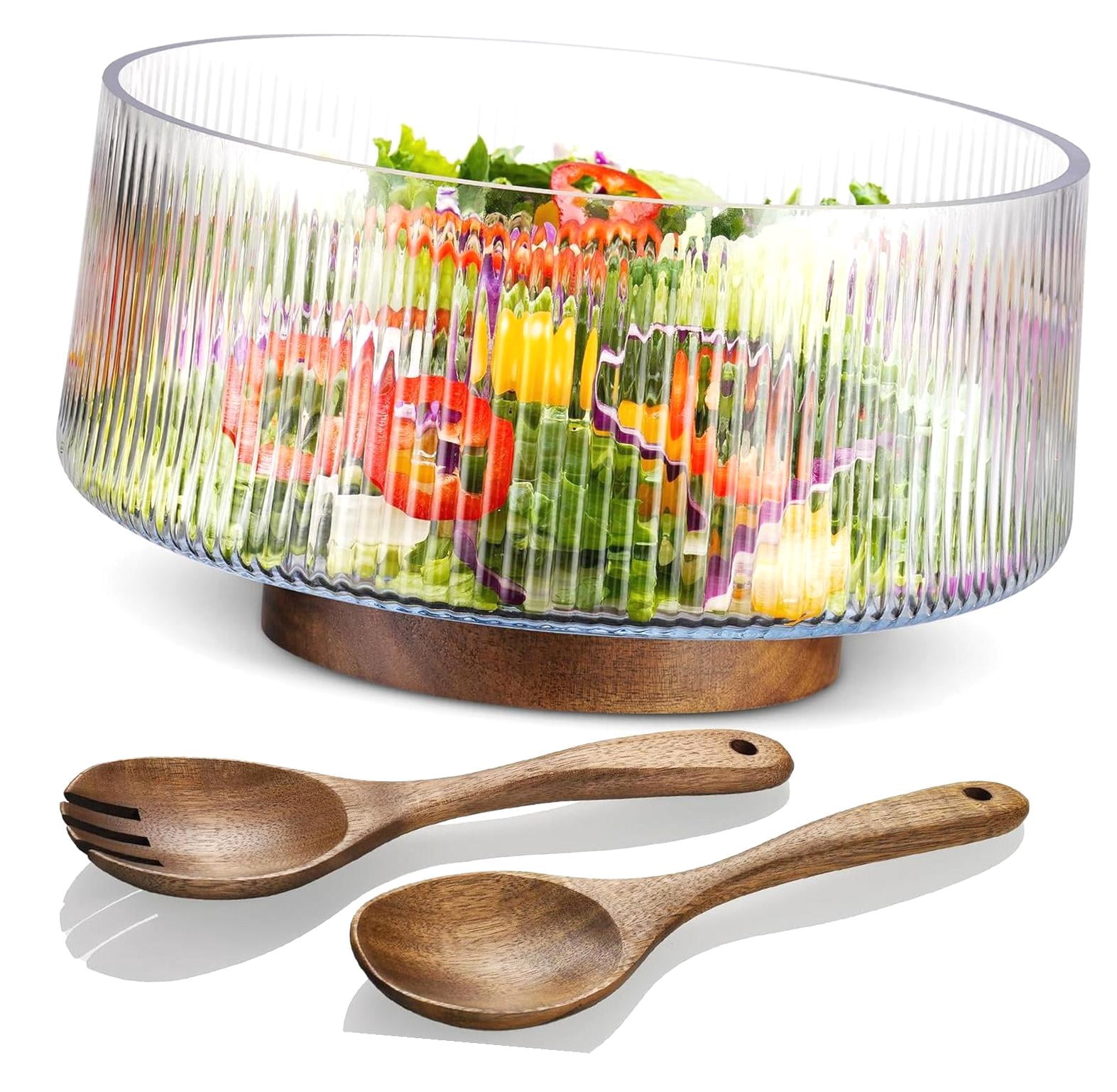 BESTKITTY Extra Large Glass Salad Bowl with Natural Acacia Wood Base ...