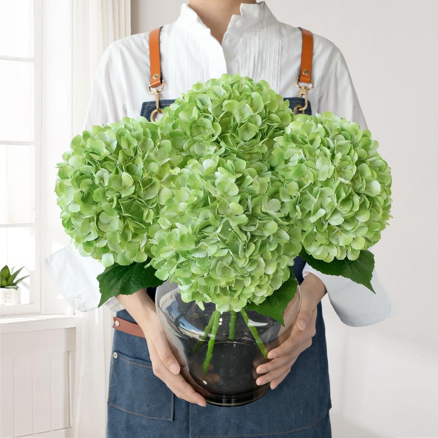 BESTKITTY Green Hydrangea Arti, 4Pcs 22" Large Life Faux Silk Flowers ...