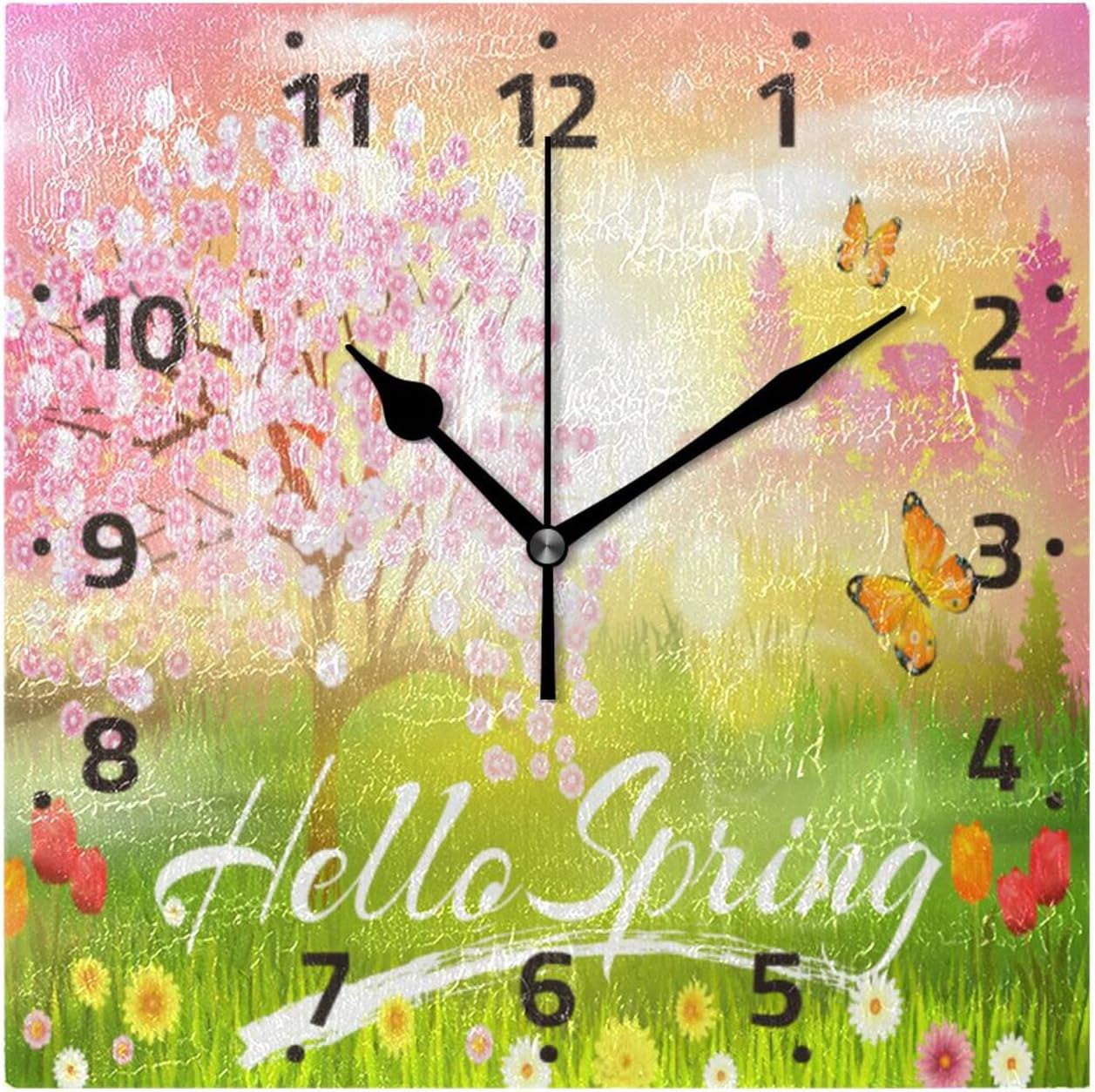 BESTKITTY Hello Spring Butterfly and Flowers Wall Clock Square Silent ...