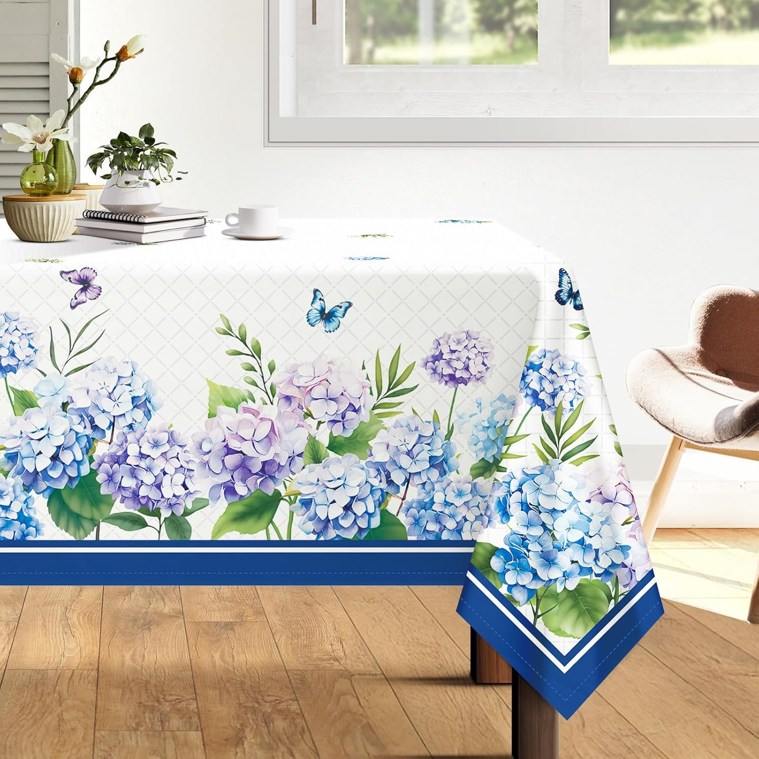 BESTKITTY Hydrangea Floral Tablecloth Waterof, Blue Flower Butterfly ...