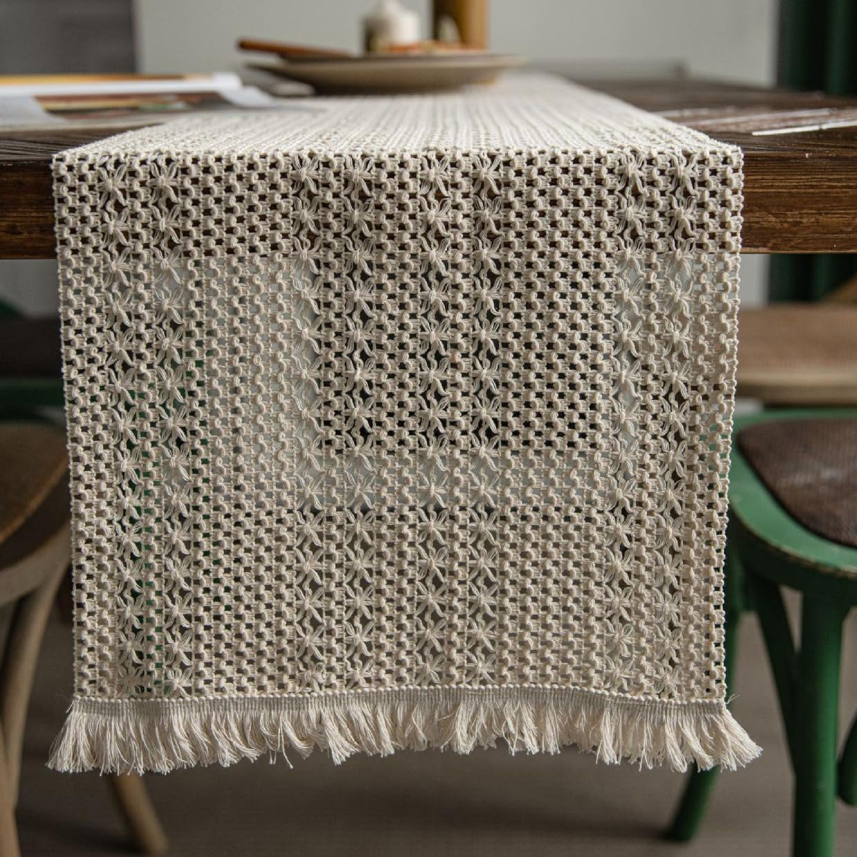 BESTKITTY IIVE Geometr Patterned Table Runner with Tassels ,Rust Table ...