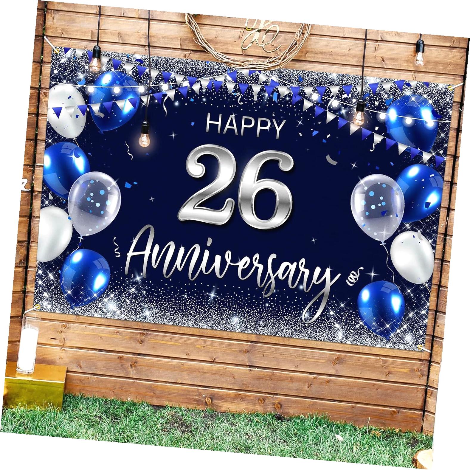 BESTKITTY Joyful 26th Anniversary Backdrop Banner Navy Blue – Silver ...
