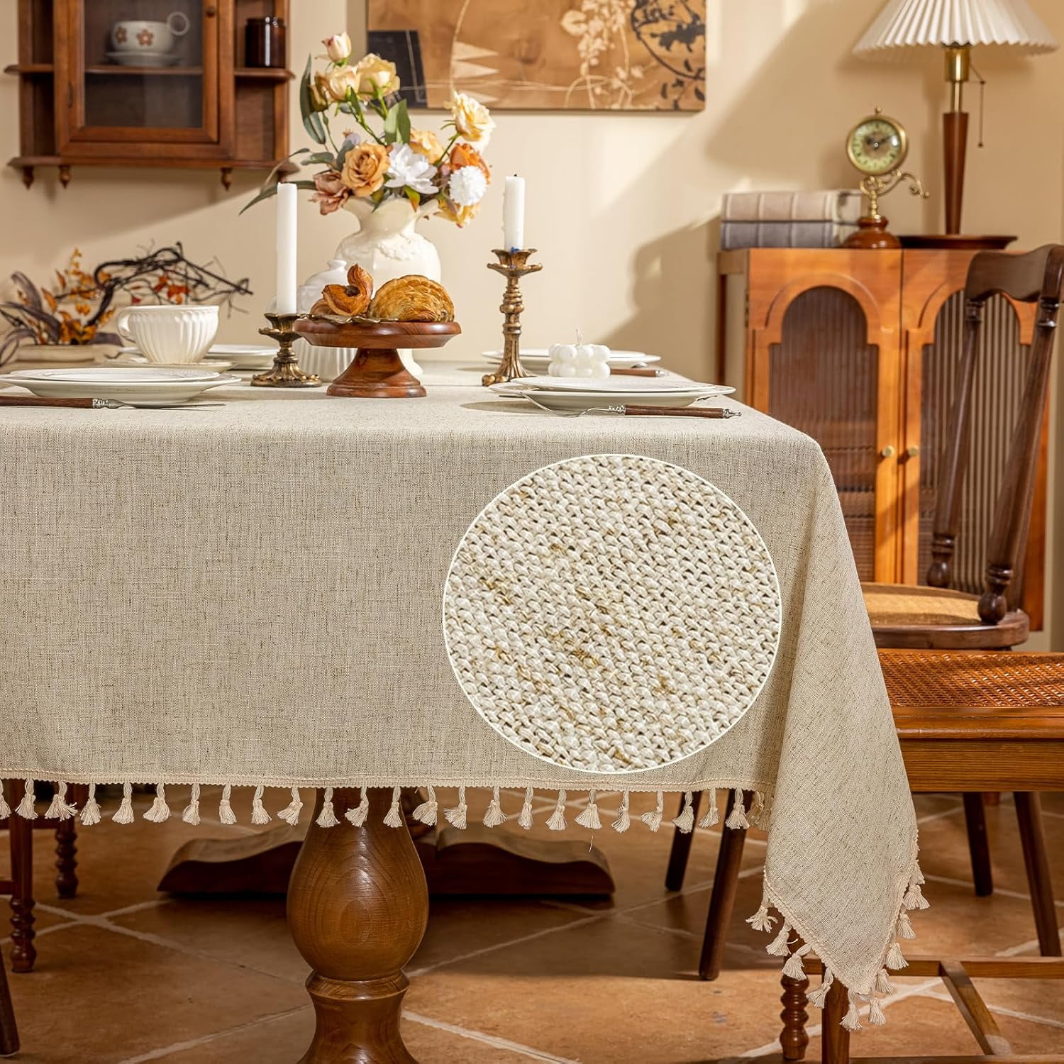 BESTKITTY Linen Blend Tablecloth Table Cloth 280 GSM Stitng Tassel ...