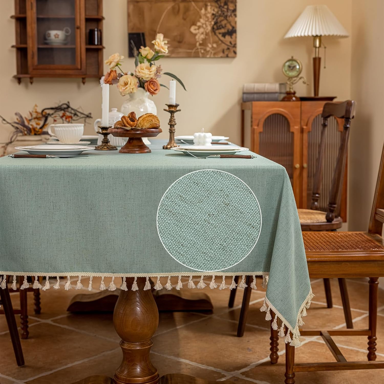 BESTKITTY Linen Blend Tablecloth Table Cloth 280 GSM Stitng Tassel ...