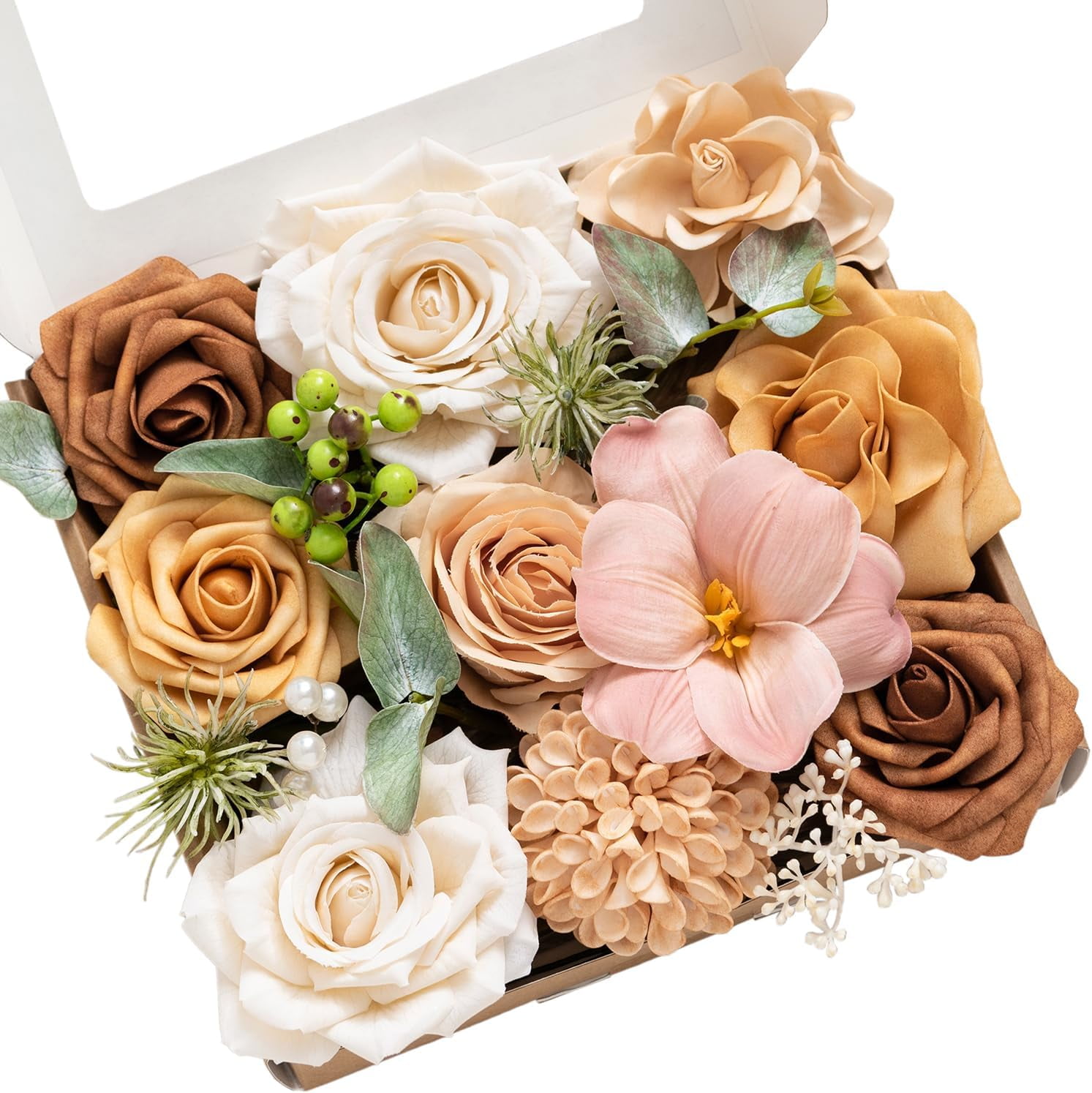 BESTKITTY Ling's Fake Flowers Box, Artiial Faux Greenery Stems Silk ...