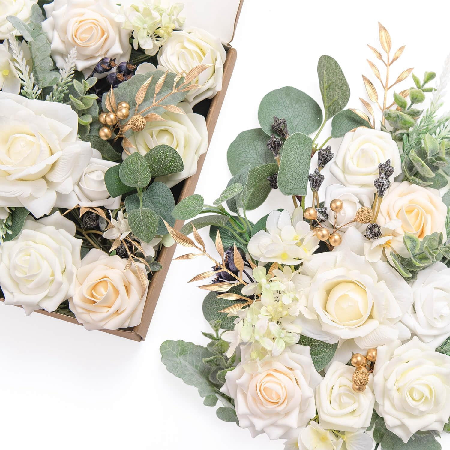 BESTKITTY Ling's White Flowers Artiial, Ivory & Fake Flowers Eucalyptus Greenery Combo Box Set ...