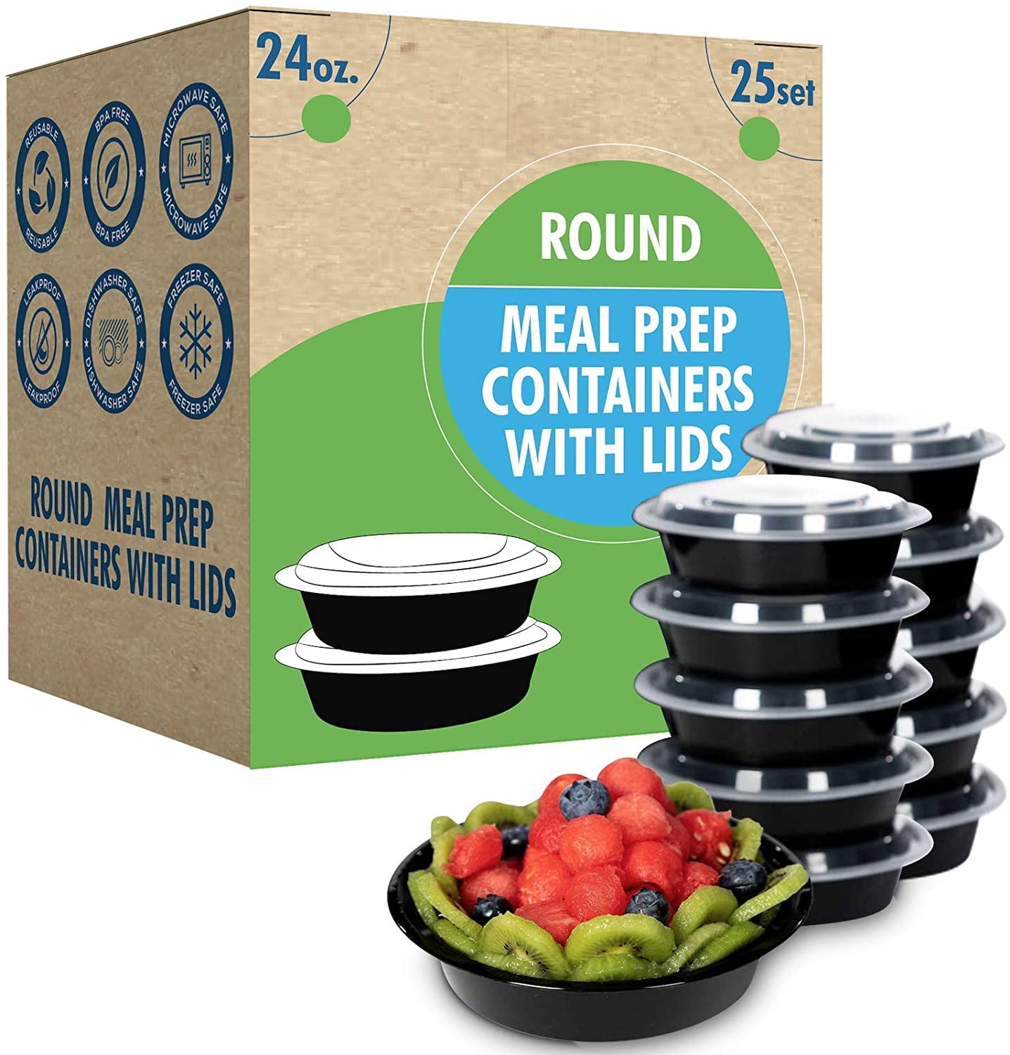 BESTKITTY Meal Prep Container Reusable with Lids [25 Set- 24oz] Round ...