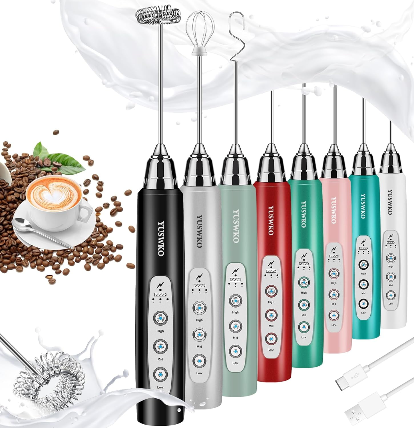 BESTKITTY Milk Frother Haneld with 3 Heads, Electr Whisk Drink Foam ...