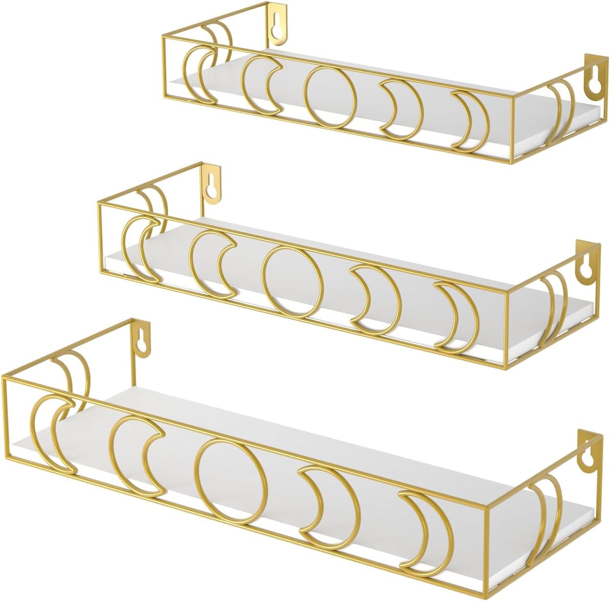 BESTKITTY Moon Phase Floating Shelves White Gold, Set of 3 Small ...