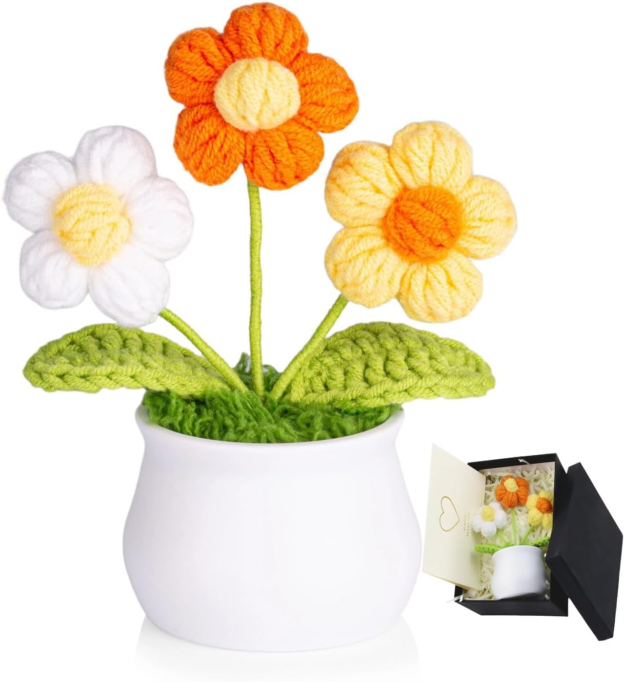 BESTKITTY Orange Croet Flowers Puff, Cute Small Potted Plants for Desk ...