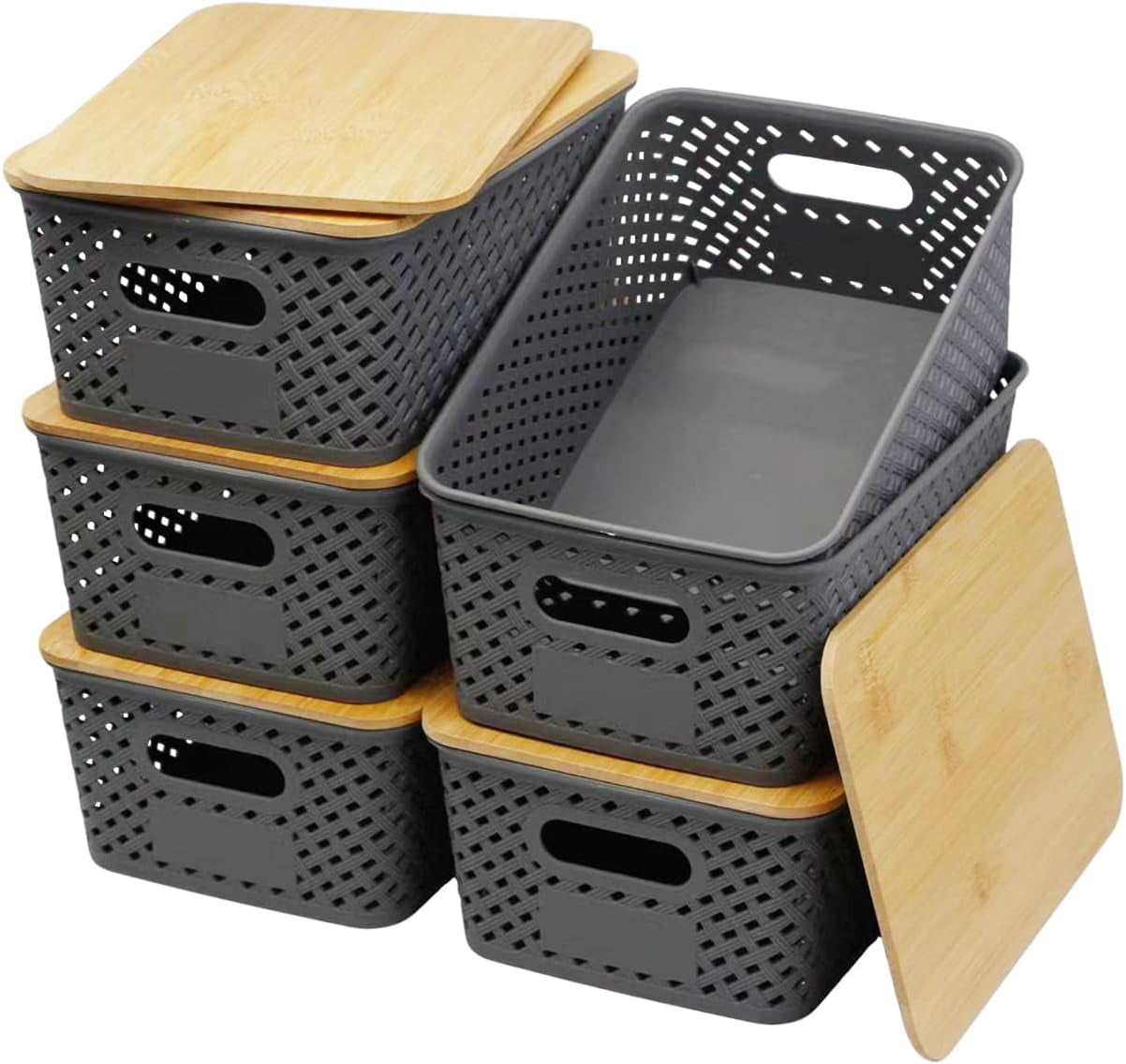 BESTKITTY Plast Storage Bins with Bamboo Lids, Set of 6 Staable Storage ...