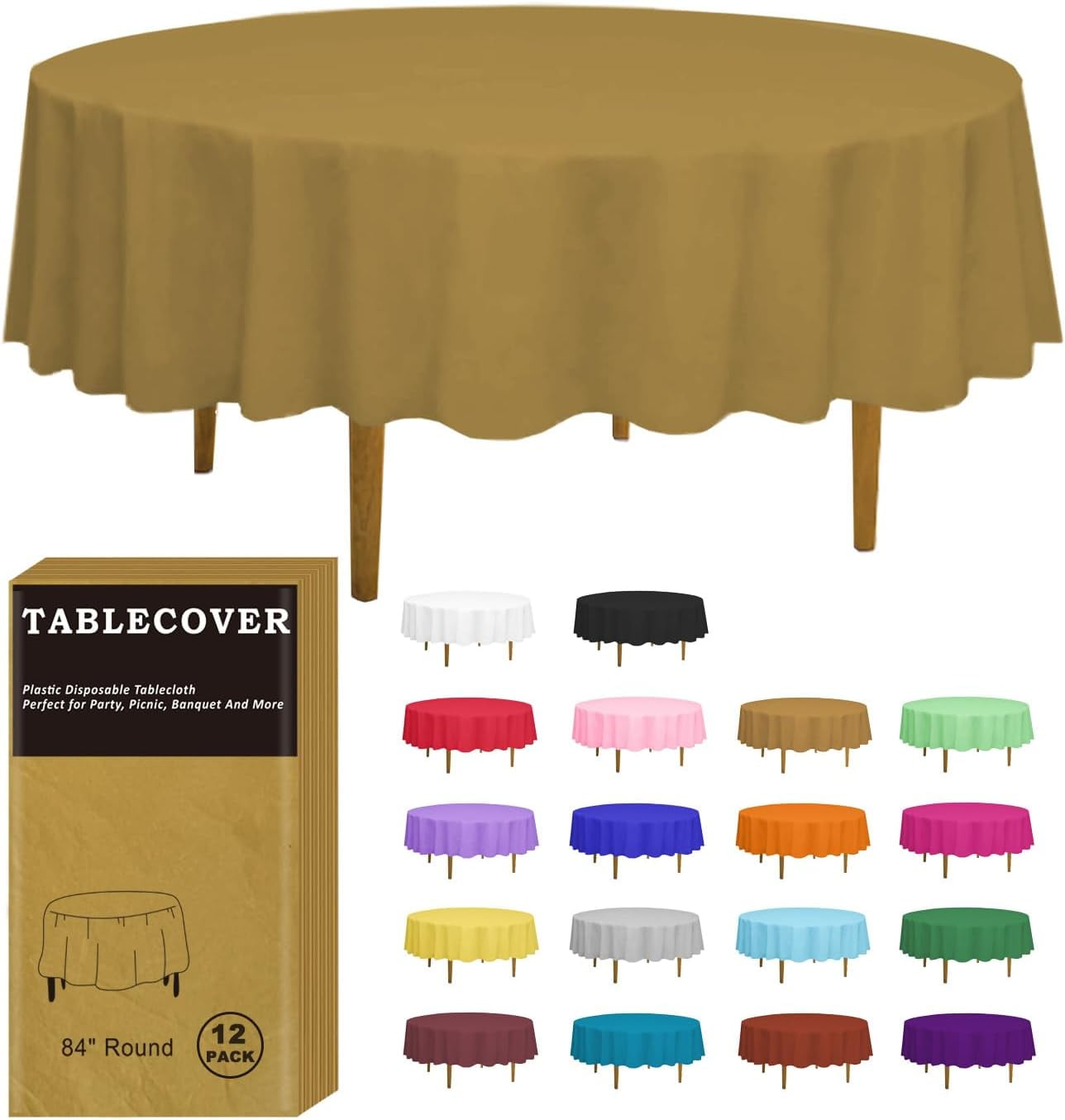 BESTKITTY Plast Table Cloth Disposable, 12 Pa Gold Round Tablecloth ...