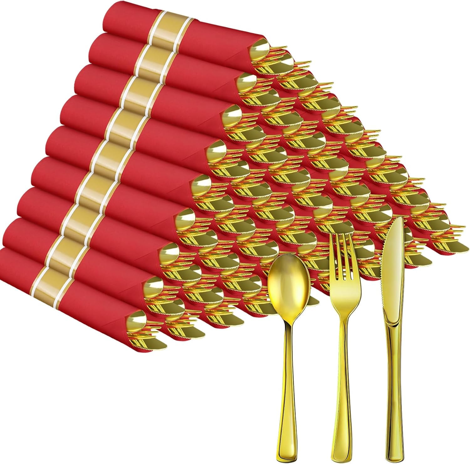 BESTKITTY Pre Rolled Cutlery with Red and ias Nkins, Heavy Duty Gold ...