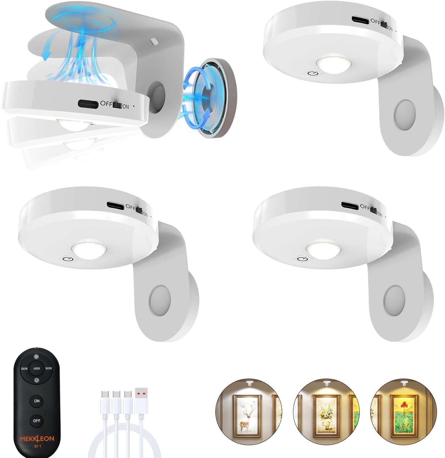 BESTKITTY Pture Lights for Wall Wirel with Magnet,2000mAh Reargeable ...