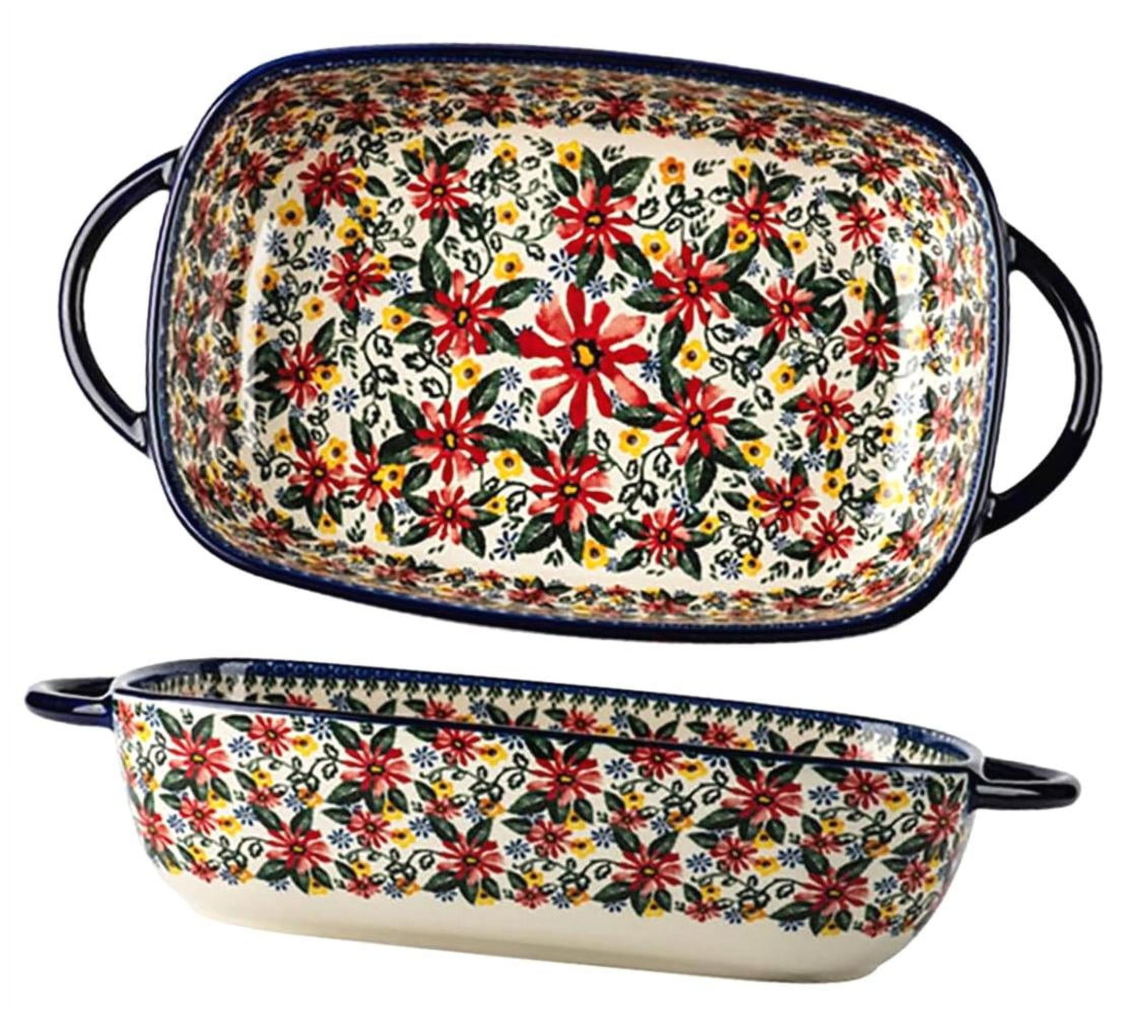 BESTKITTY Red Daisy Floral Retro Ceramic Casserole Pan Lasagna Tray ...