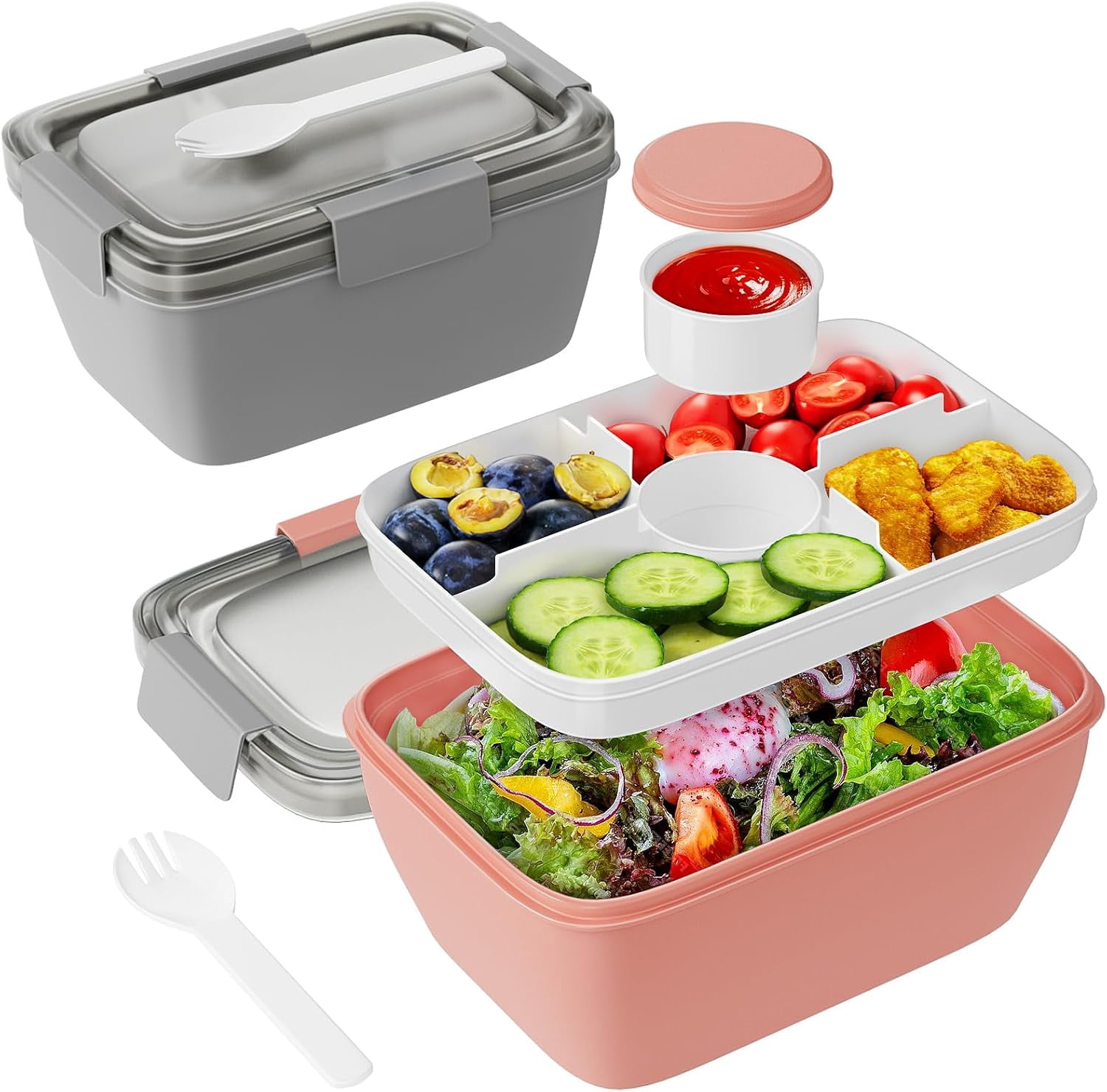 BESTKITTY Salad Container for Lun, 2 Pas 68oz Large Salad B with 4 ...