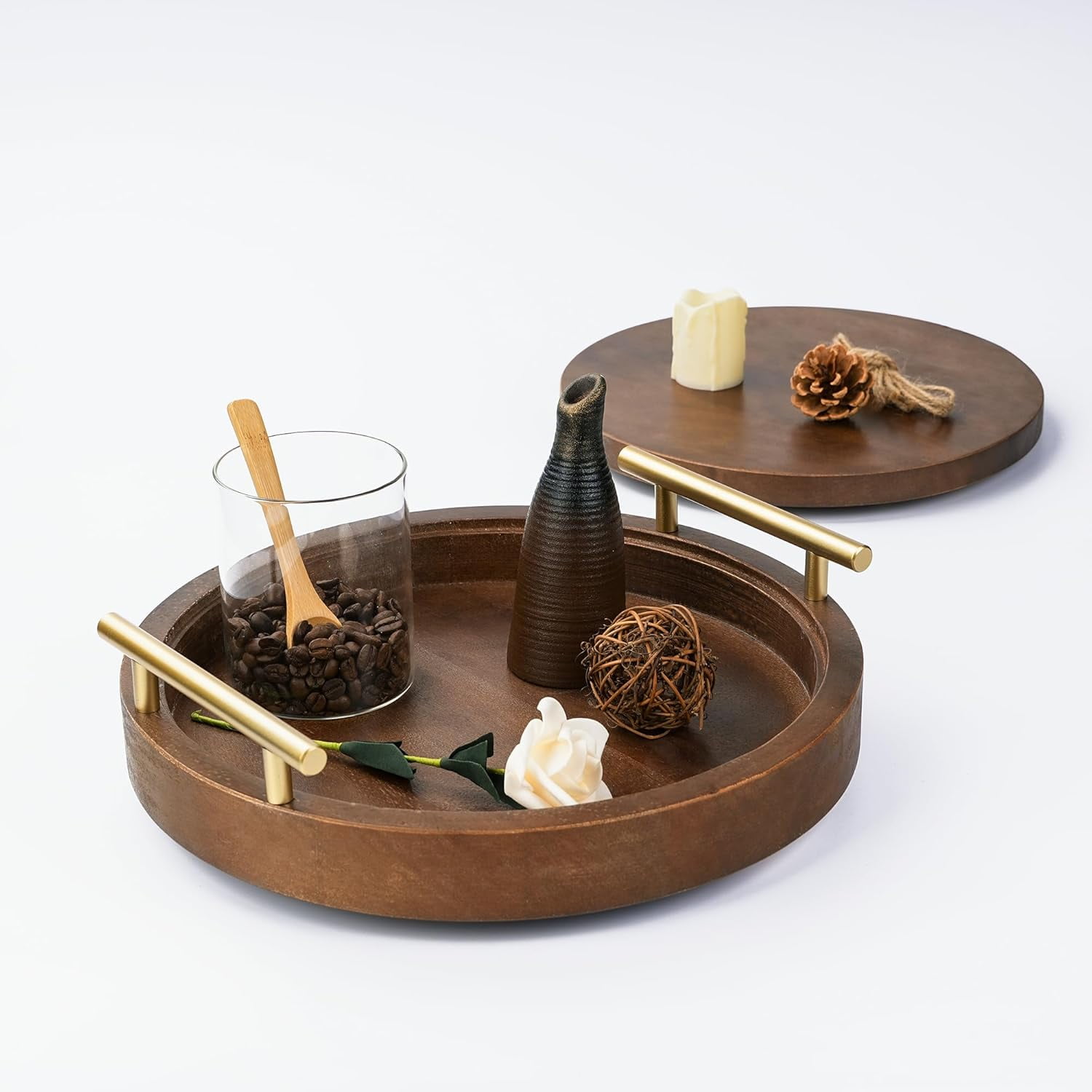 BESTKITTY Set of 2 Wood Decorative Trays with Handles 12 In Round ...