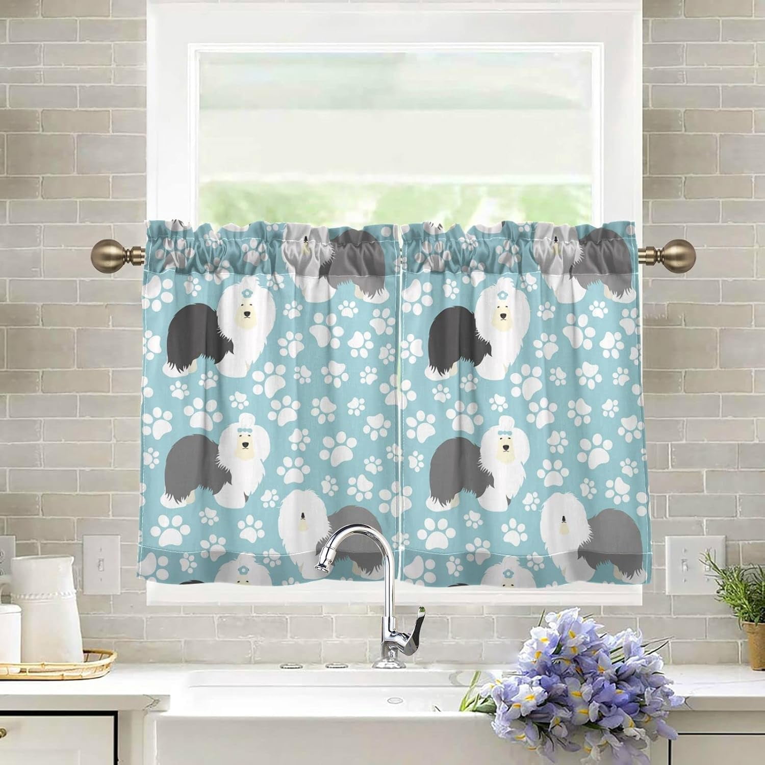 BESTKITTY Sheepdog with Paws Blue Tier Curtains, Window Kitchen ...